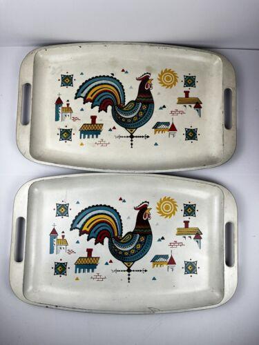 Vintage MCM Rooster trays tray (2) 15x9.5" Plastic Made in Japan