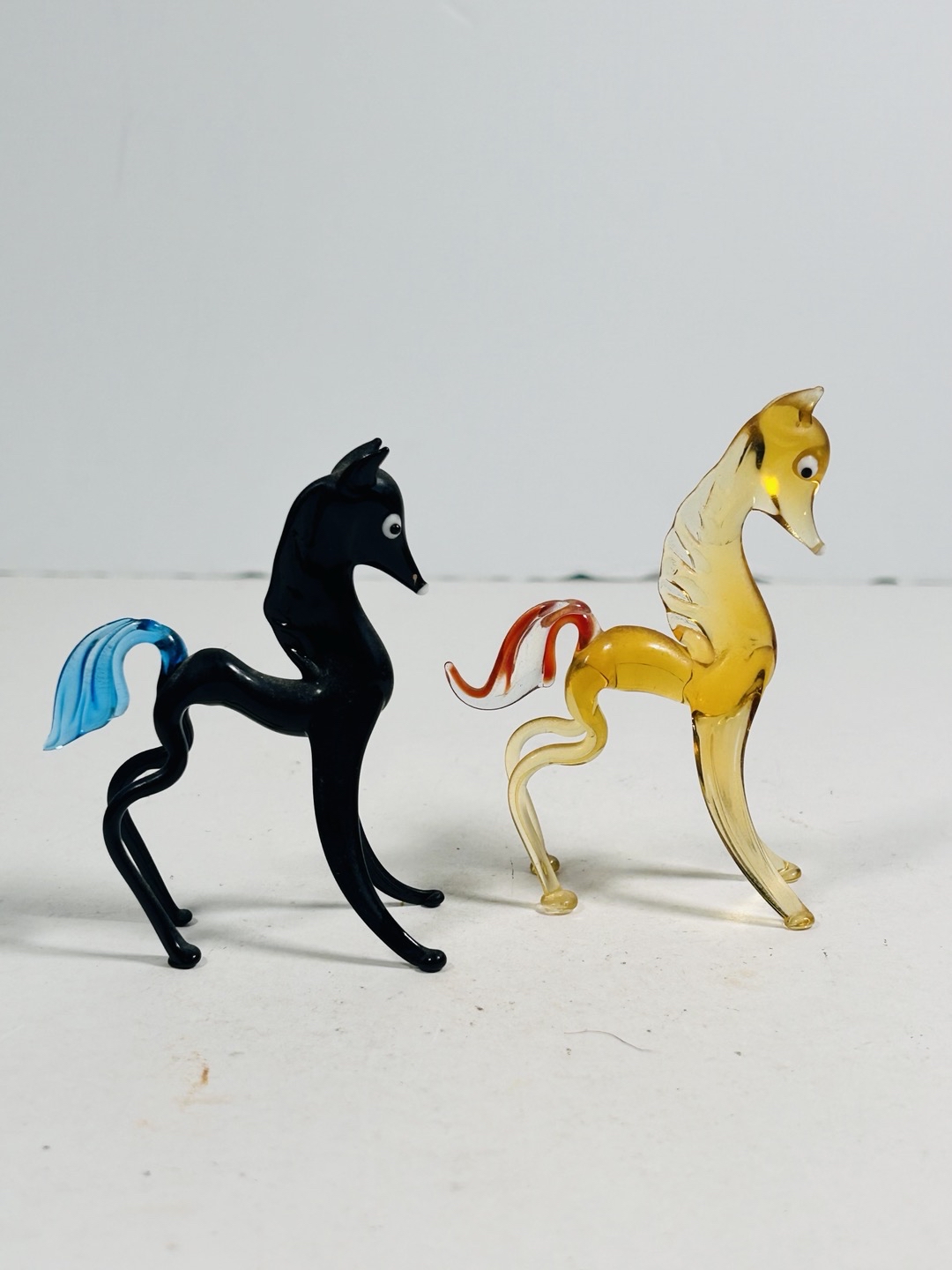 Pair Of Art Blown Glass Figurine Horse Figurines Black And Amber Miniatures