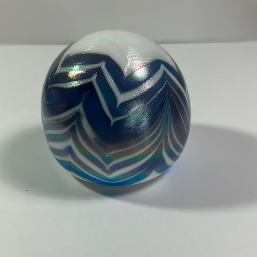 006. Pulled Blue and White Iridescent Glass Paperweight 2.5”