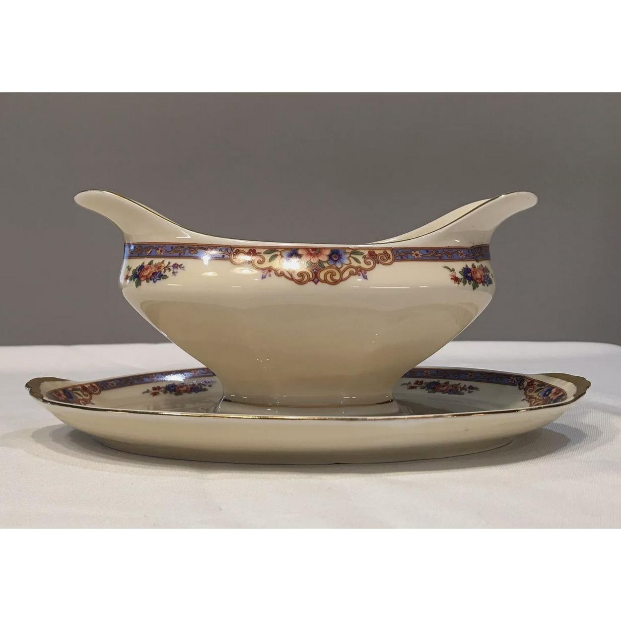 AMC China Germany ACC2 Gravy Boat with Attached Plate Blue Floral Gold