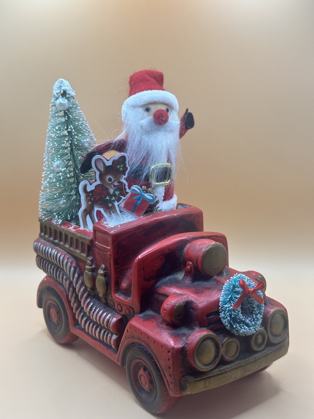 Vintage Relpo Fire Truck Planter With Santa Assemblage Not Permanent