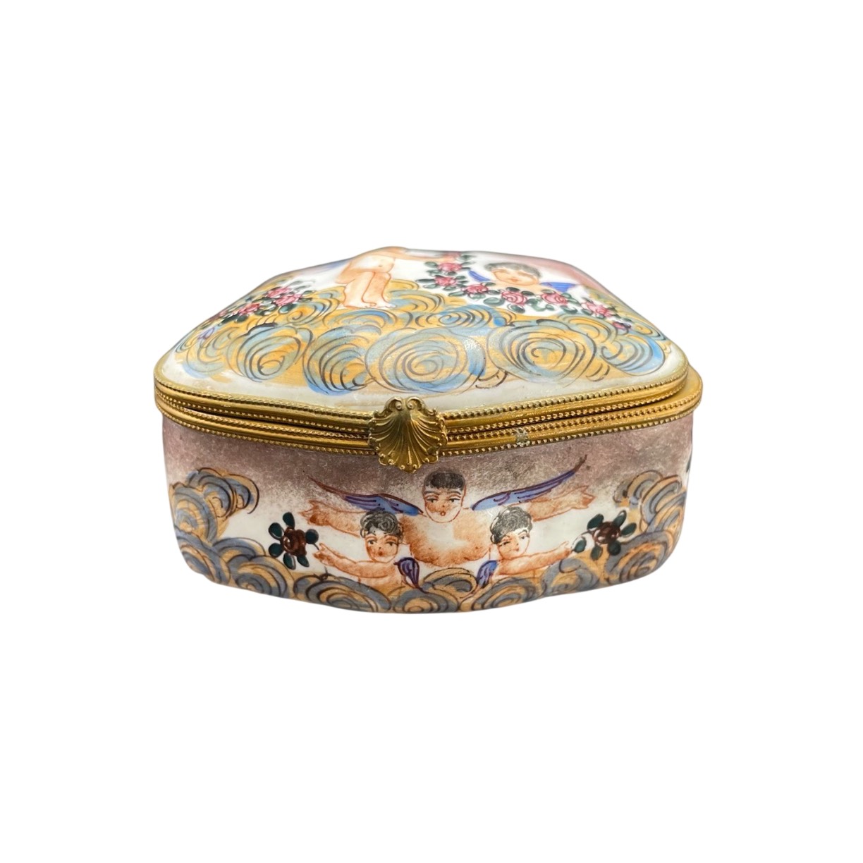 Capodimonte 3D Hinged Hand Painted Porcelain Trinket Box Cherubs Antique