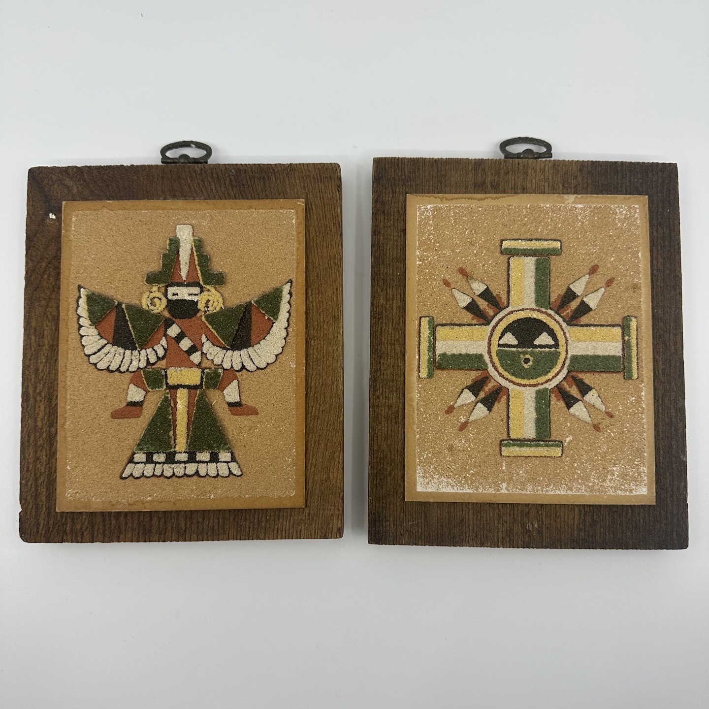 Pair Of Vintage Sand Art Zuni Wing Knife Man & Sun Symbol Wall Art Pieces