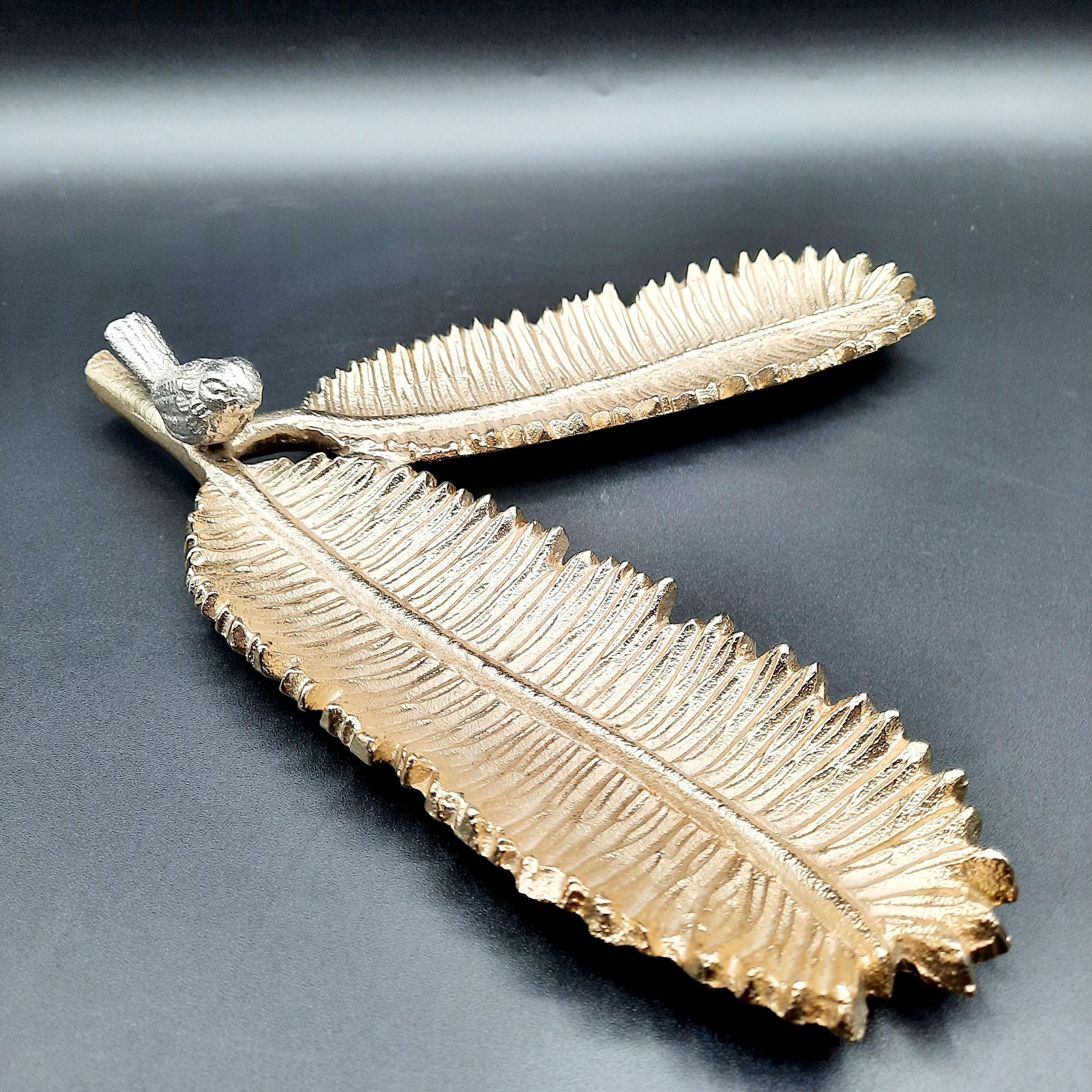 Gold Two Feather Leaf Metal Tray Decor With Silver Bird