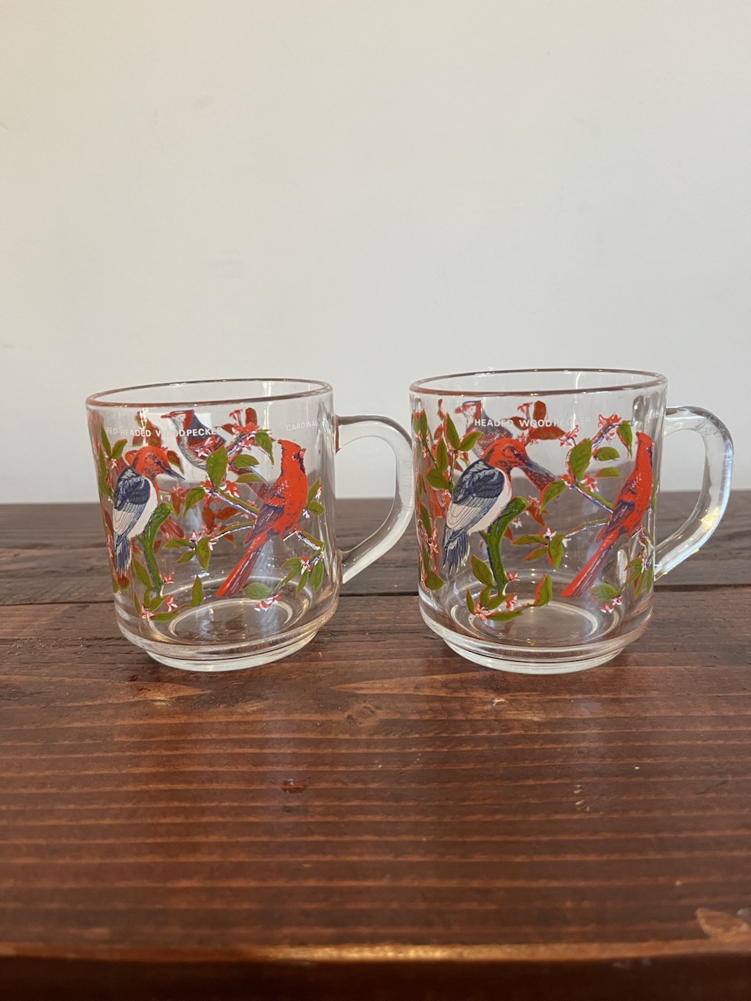 Pair 2 Set ARCOROC 70s VINTAGE BIRD Glass MUGS Cups CARDINAL BLUE JAY ...