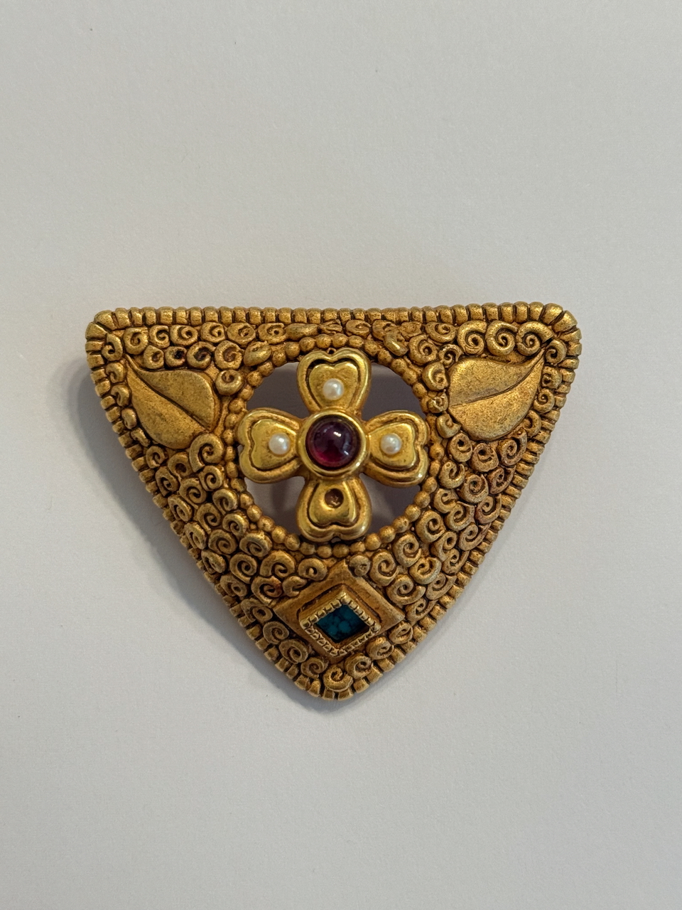 Leslie Block Triangle Gold Tone Clover Brooch 2" As Is