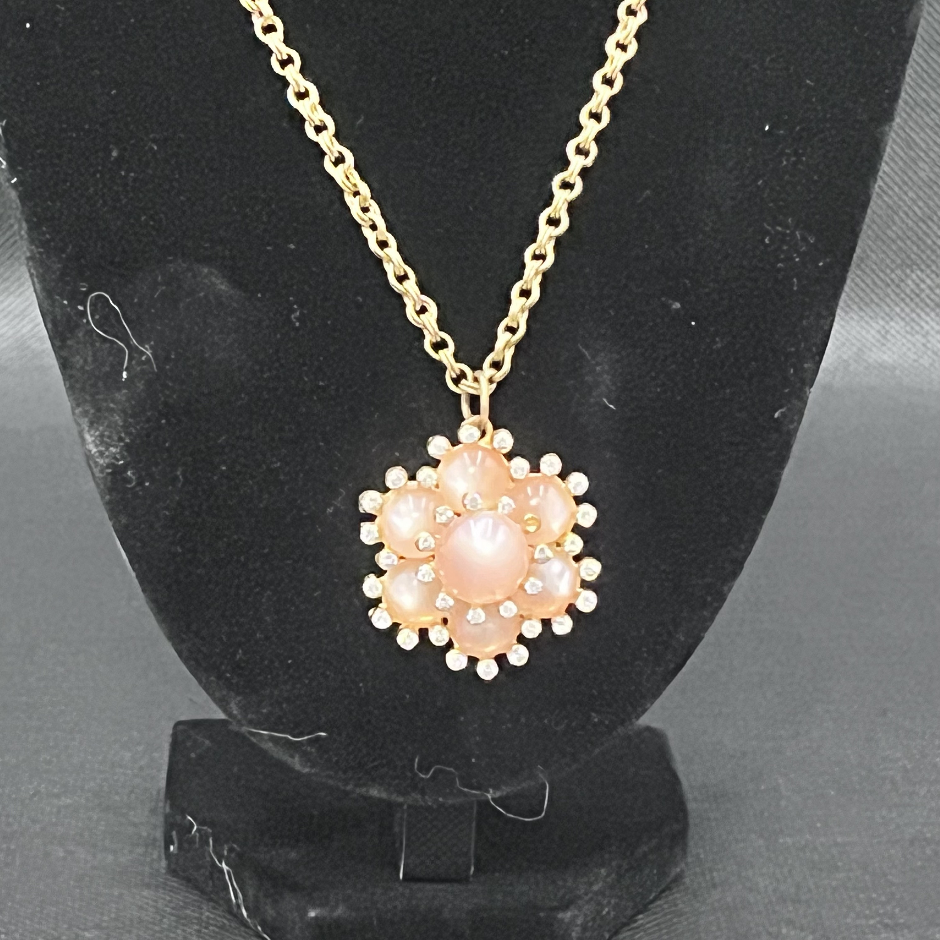 Vintage Lisner Pink Glass Pearl & Rhinestone Flower Pendant Necklace ...