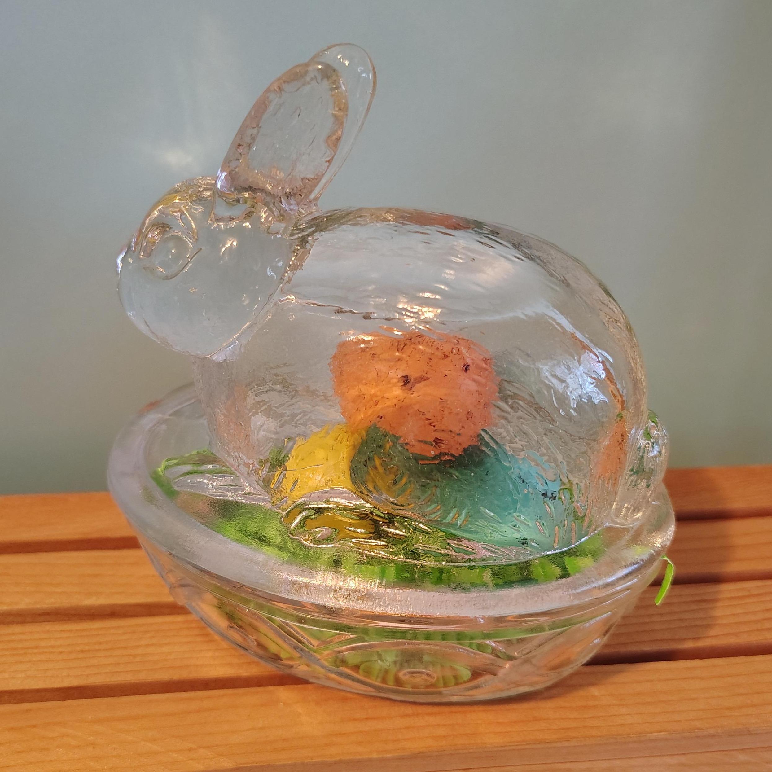 vintage clear glass bunny rabbit on basket Easter candy trinket dish Galore