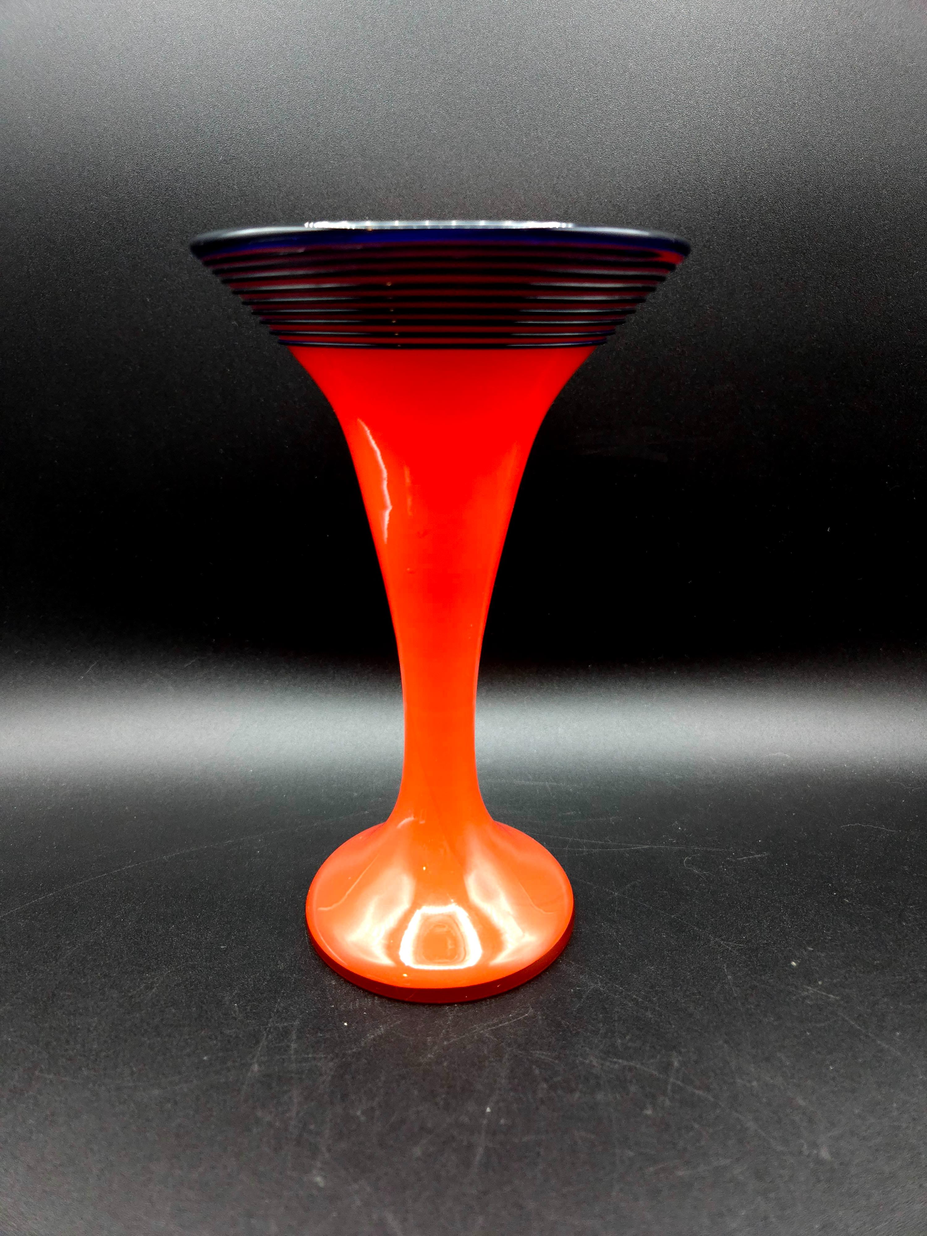 Vintage Czech Tango Glass Vase Orange with Cobalt Blue Swirl Hand Blown