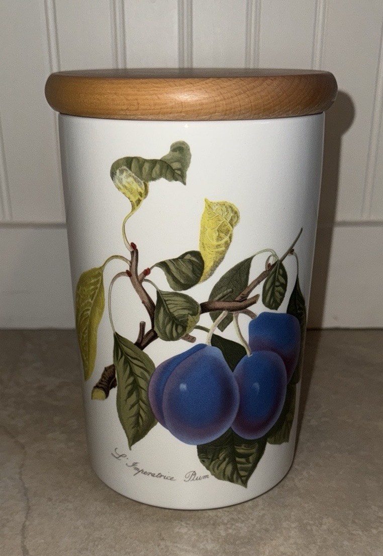 Portmeirion Pomona Storage Canister with wooden lid Plum 8.25” tall