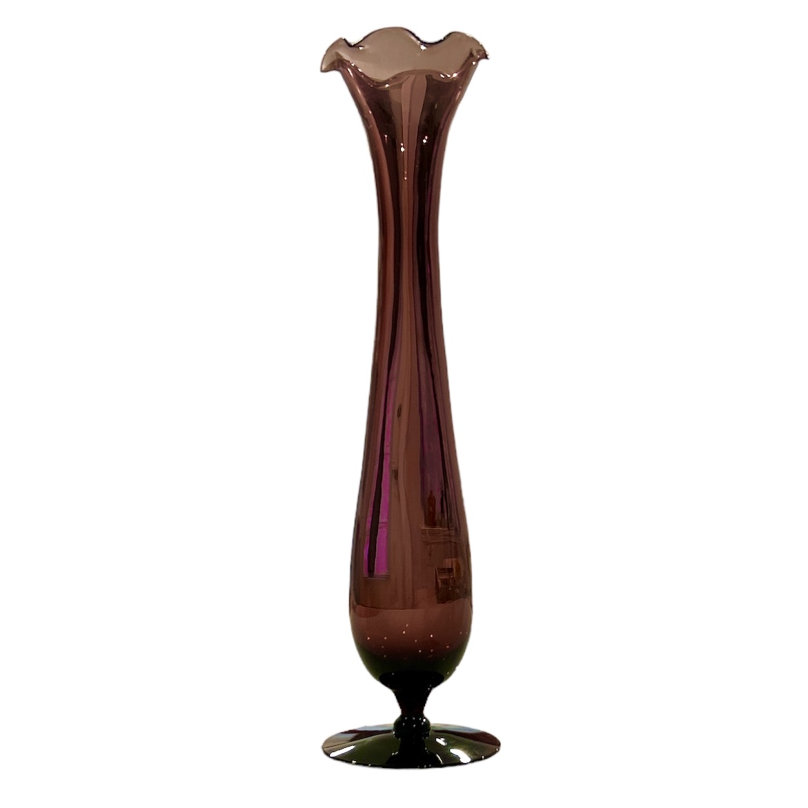 Vintage Tall Delicate Fluted Dark Mauve Glass Vase