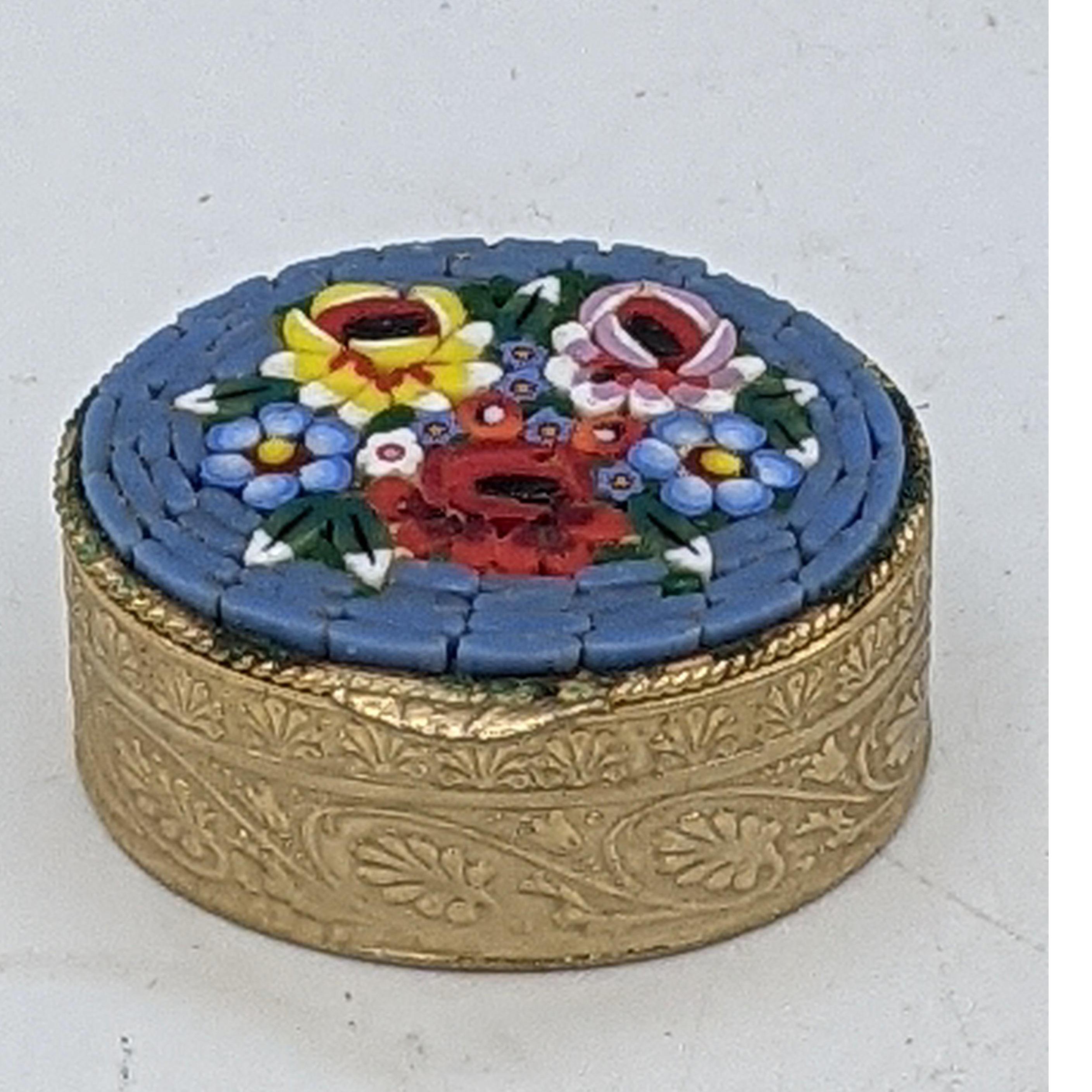 Vintage Italian Floral Micro Mosaic Gold Tone Hinged Oval Pill Box