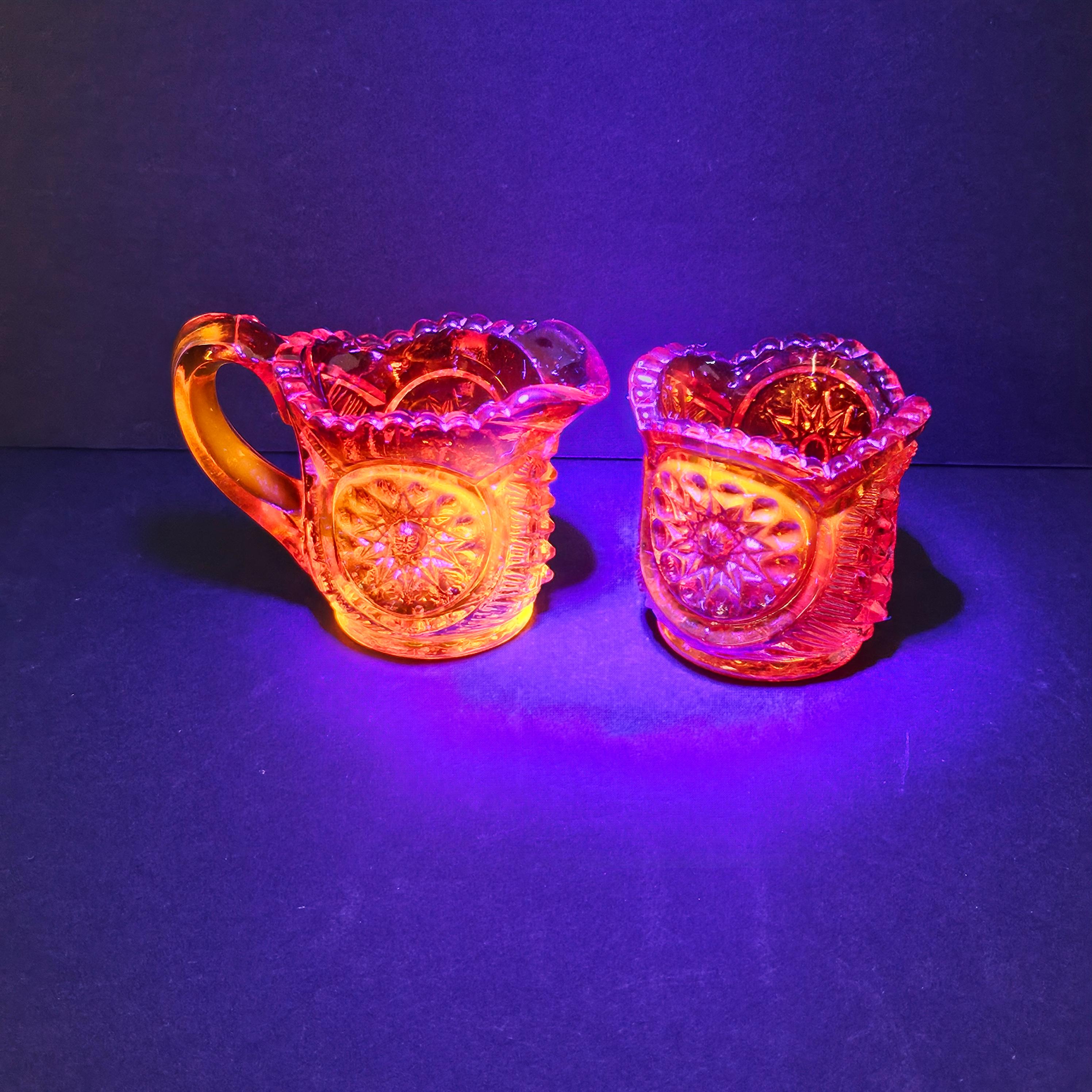 Glowy Glass Miniature Amberina 2.25" Creamer & Sugar Set Patterned UV Glow