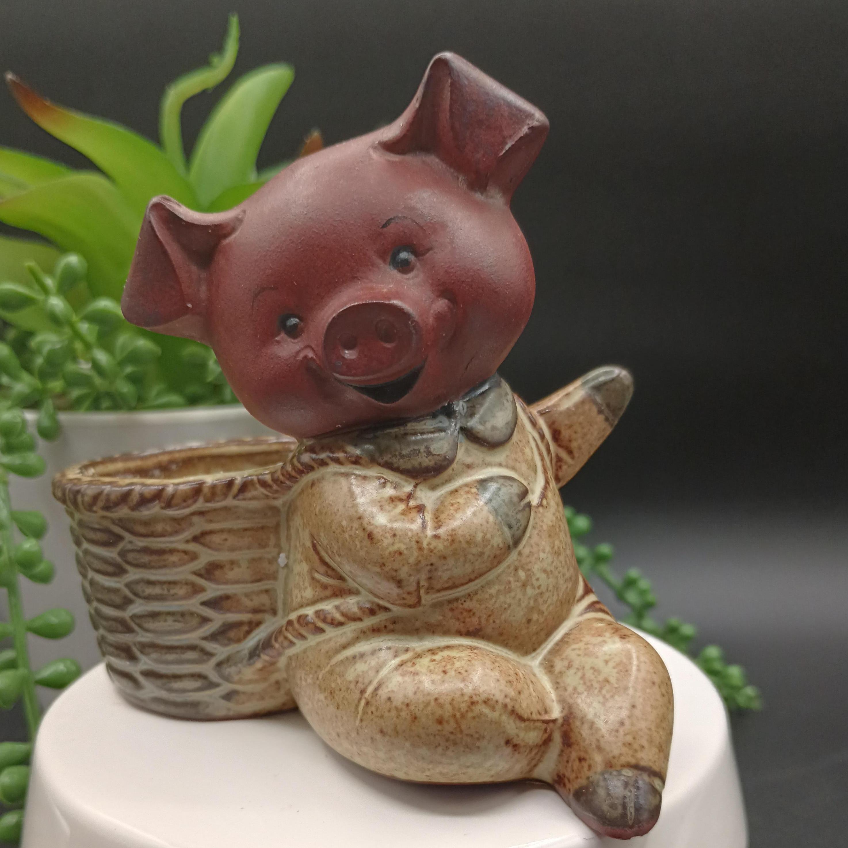 Vintage UCTCI Pottery/Stoneware Pig Planter / Candle Holder Basket Japan