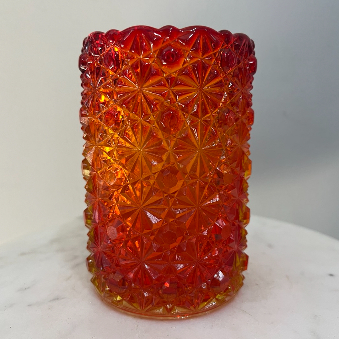 LG Wright Vintage Daisy & Button Amberina Cadmium Glass Spooner/Celery Vase