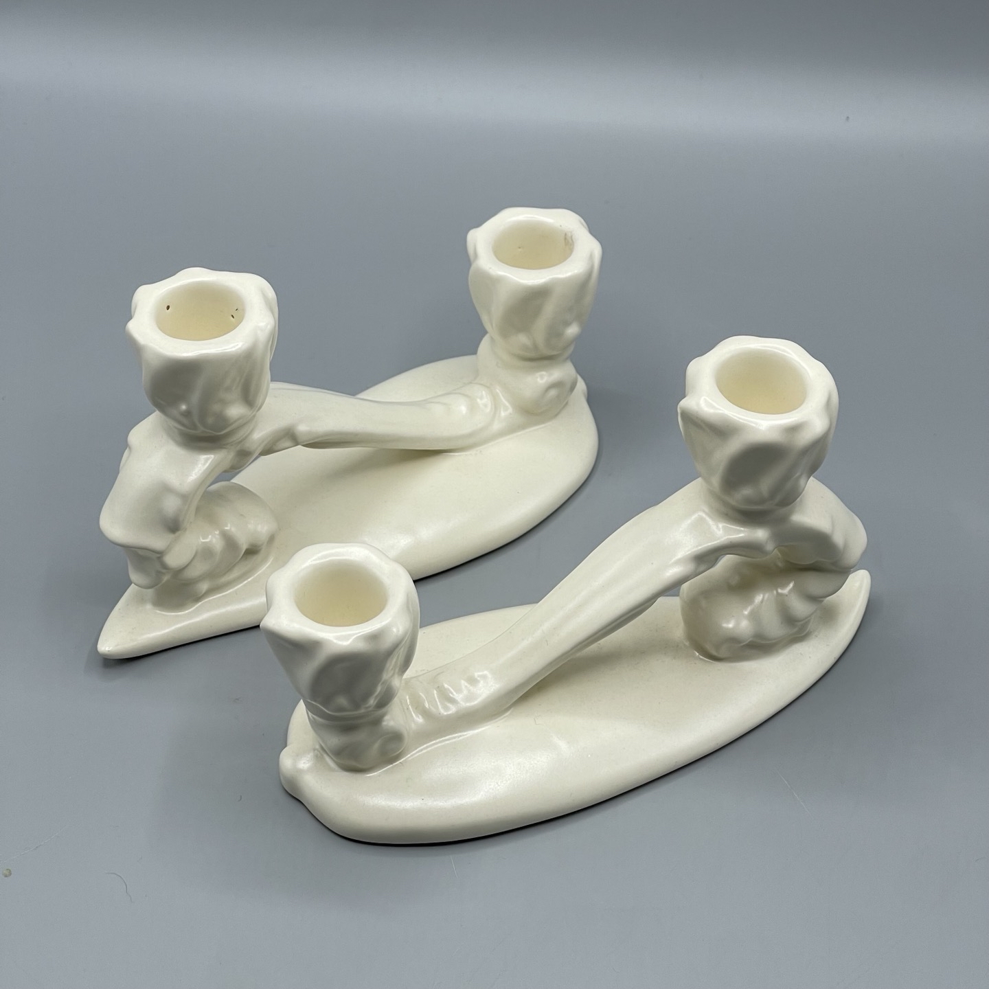 Vintage Pair Haeger Pottery White Double Candle Holders Scroll Tear Drop