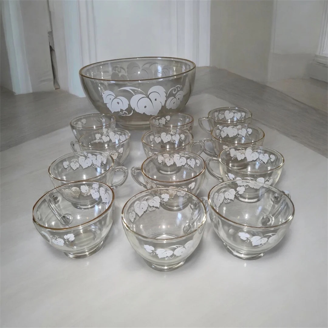 Anchor Hocking Grape Clear Frosted 13 pc Glass Punch Bowl Set