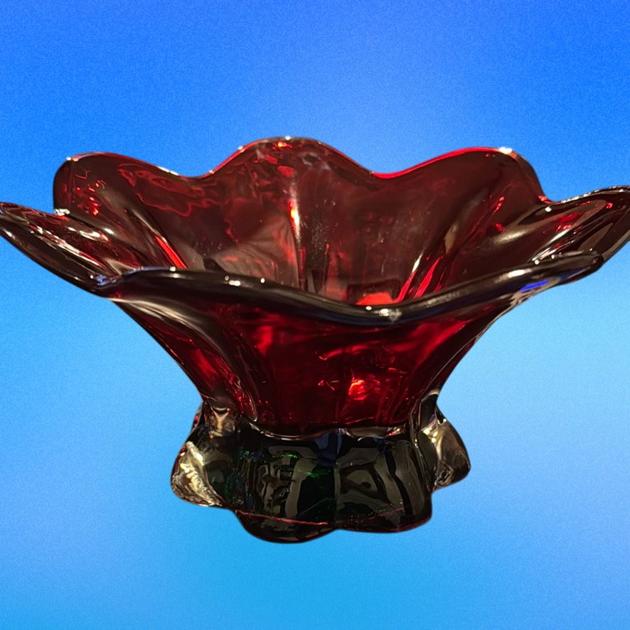 Ruby Red Flower Blown Glass Teleflora Vase With Green Base