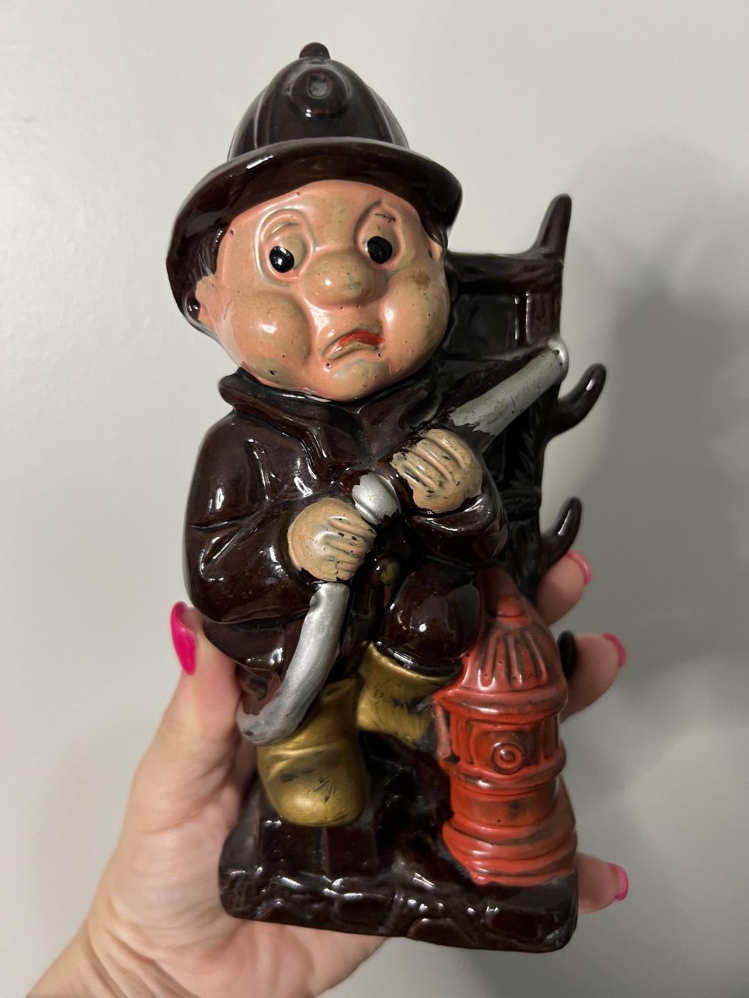Mid Century Ceramic Fireman Decanter 7”