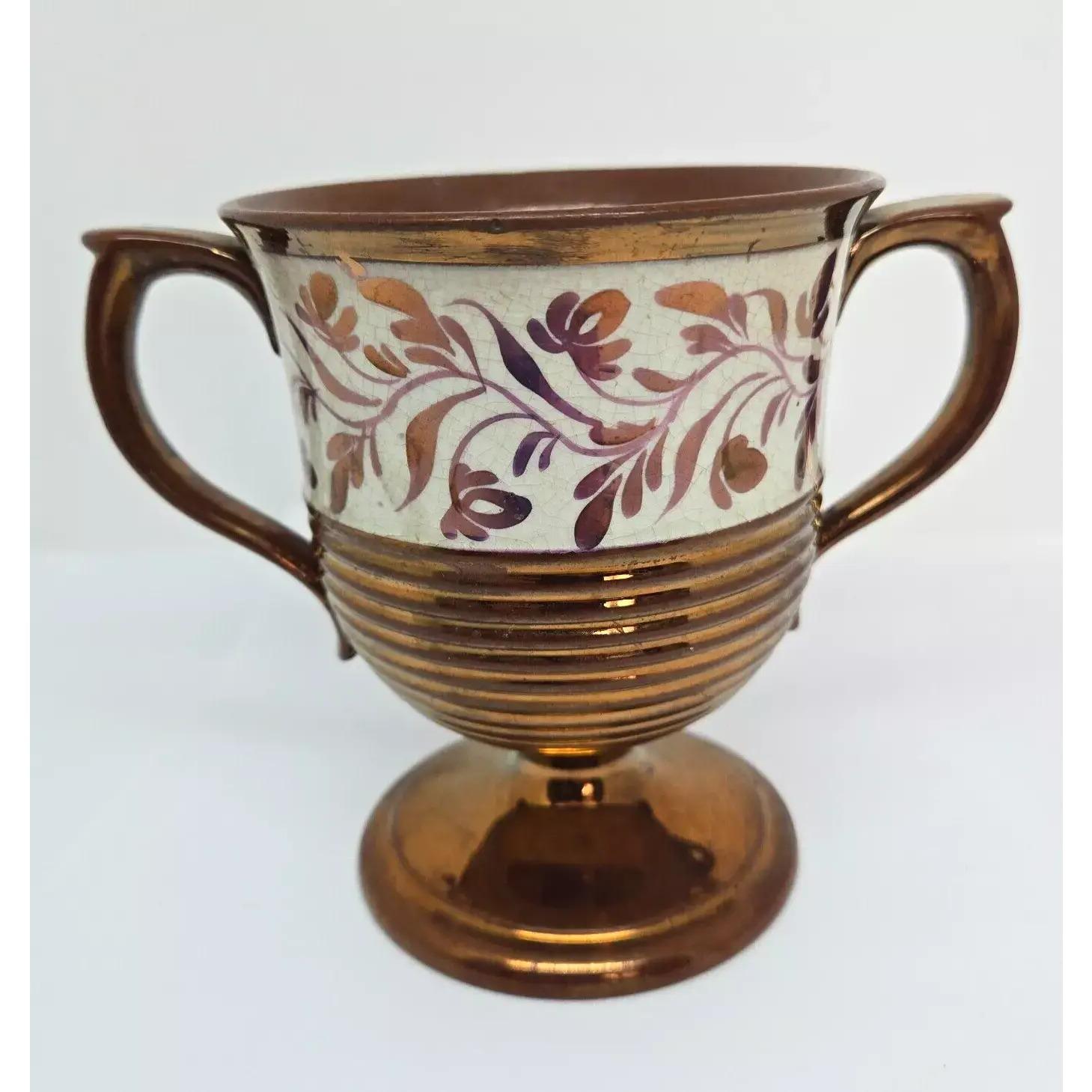 Antique Copper Lusterware Loving Cup w/ Painted Enamel Vine with Leaves