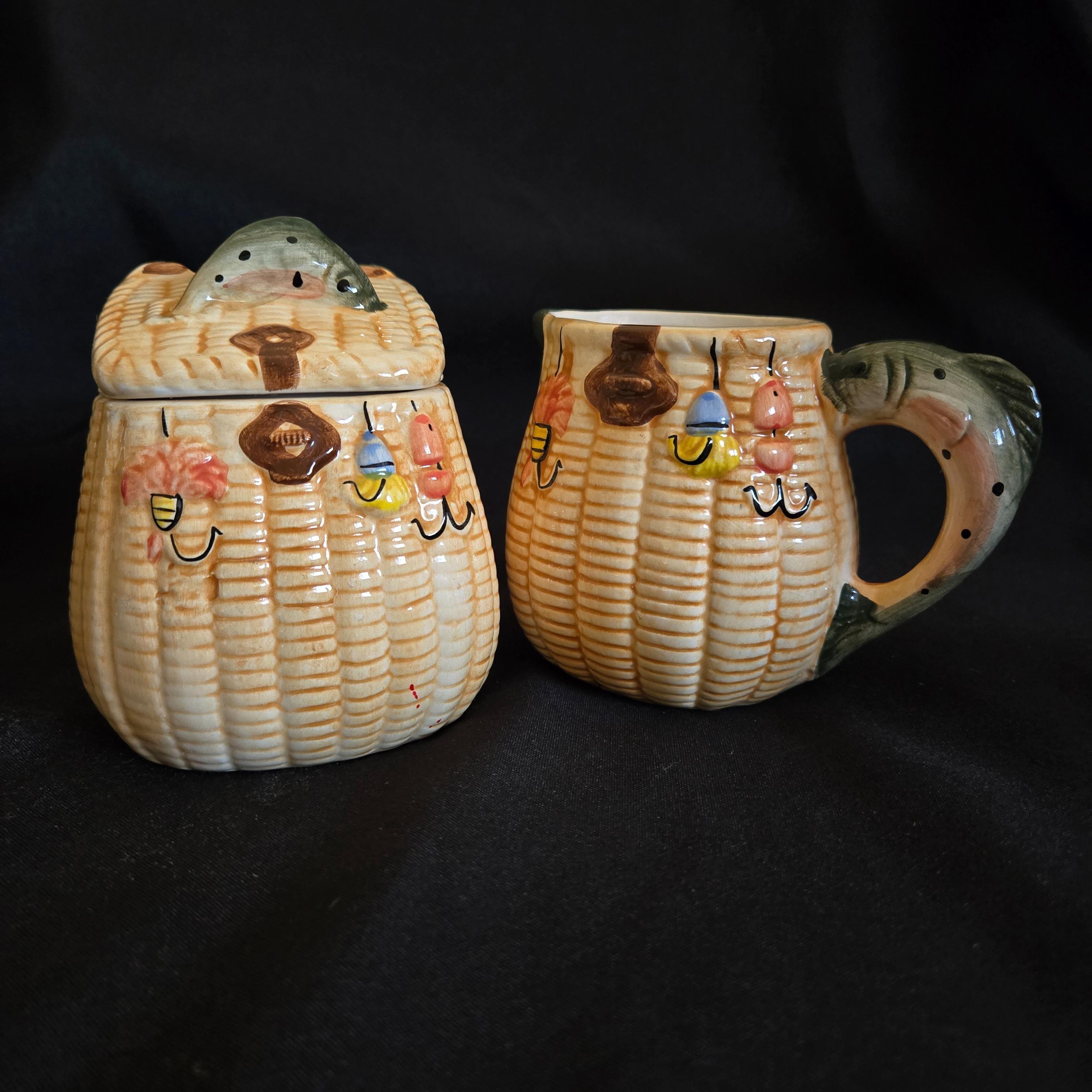Fishing Creel Rainbow Trout Sugar Bowl and Creamer Ceramic made in Taiwan
