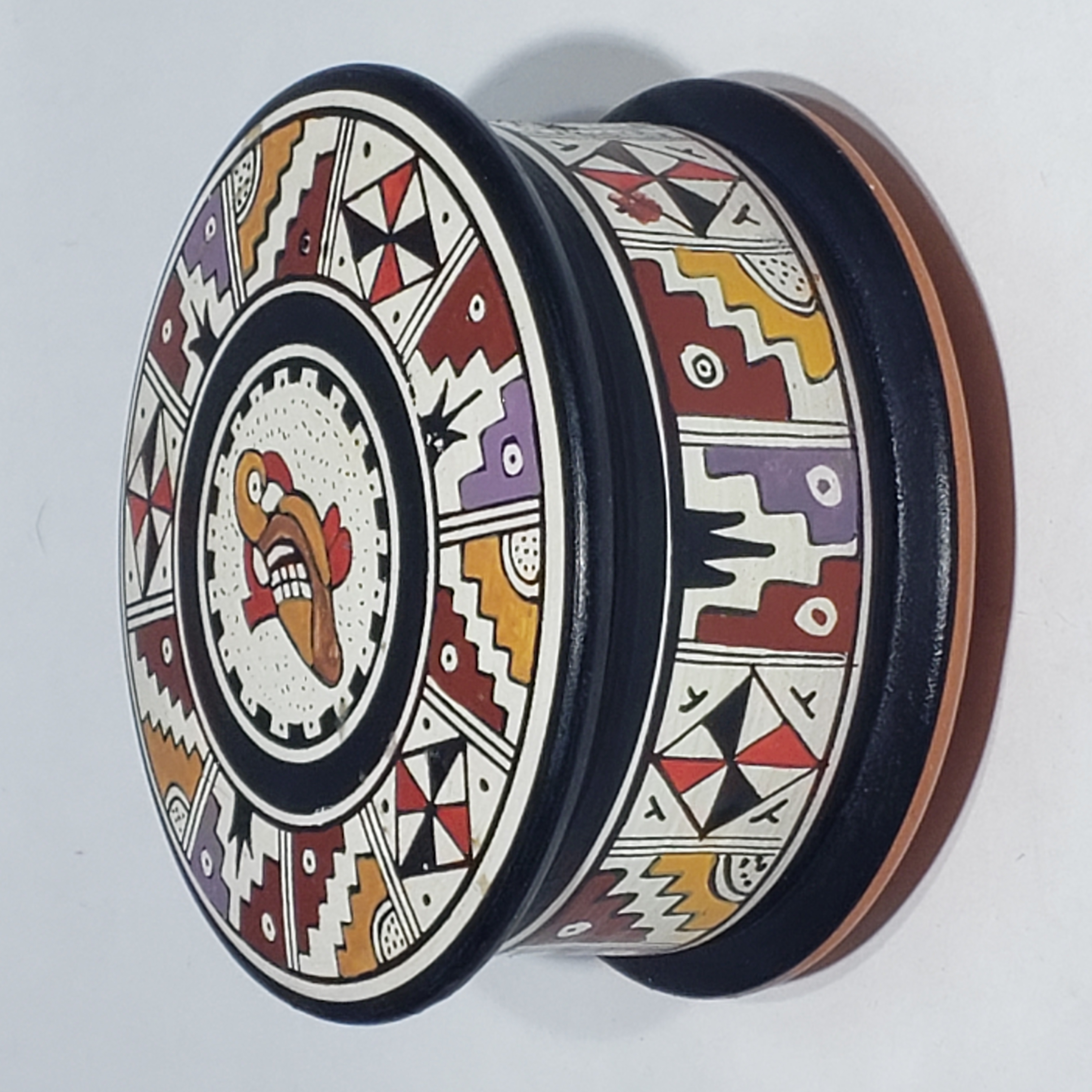 Peruvian Terracotta Clay Redware Hand Painted Round Lidded Trinket Dish ...