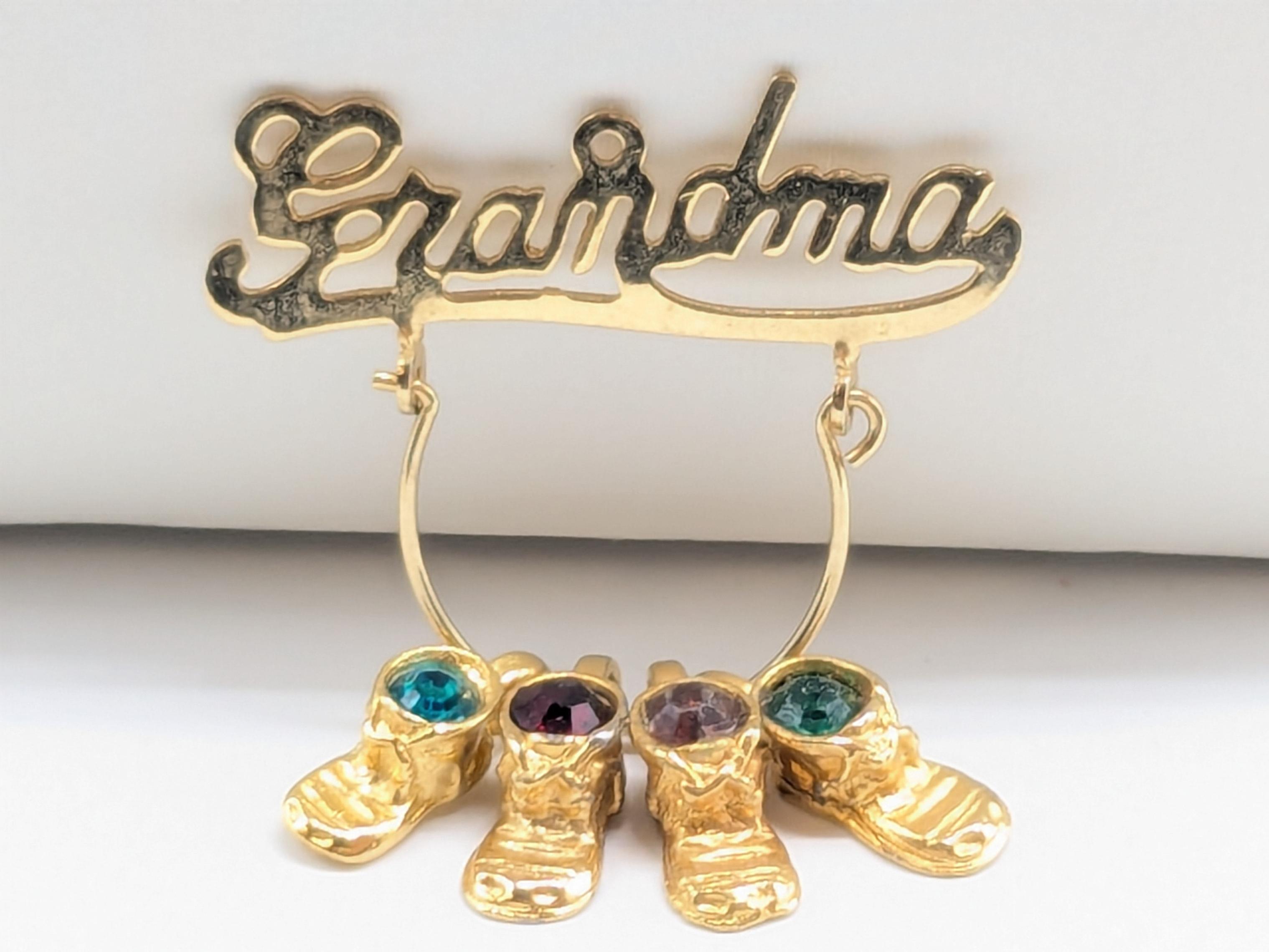 10K Gold Grandma Charm Holder Pendant with Baby Shoes Birthstones