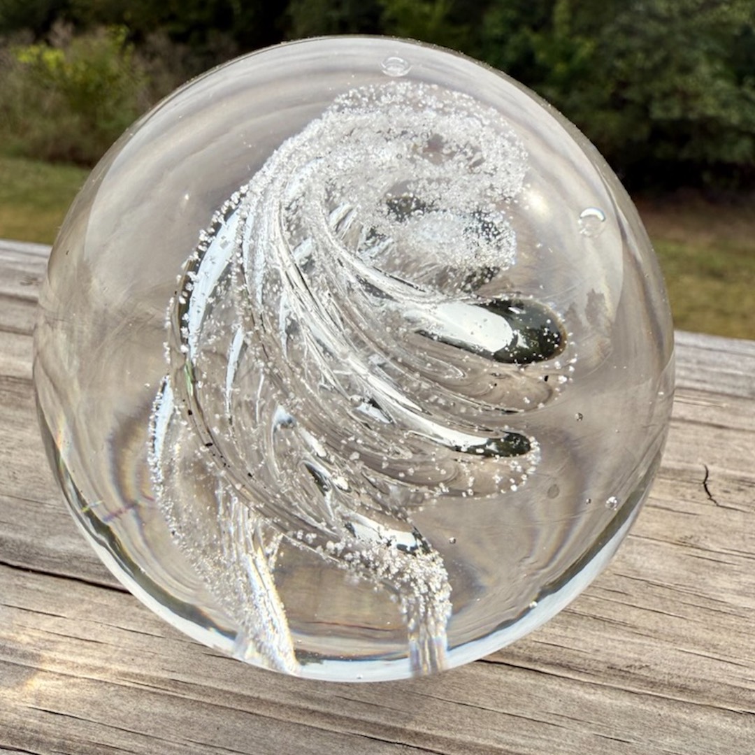 Clear Art Glass Paperweight with Controlled Bubble Swirl Design