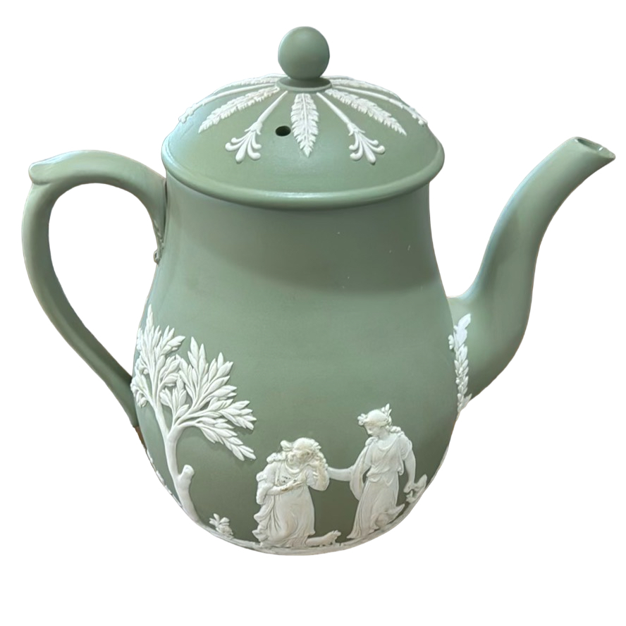 Coffee Pot With Lid Cream Color on Celadon Jasperware by WEDGWOOD
