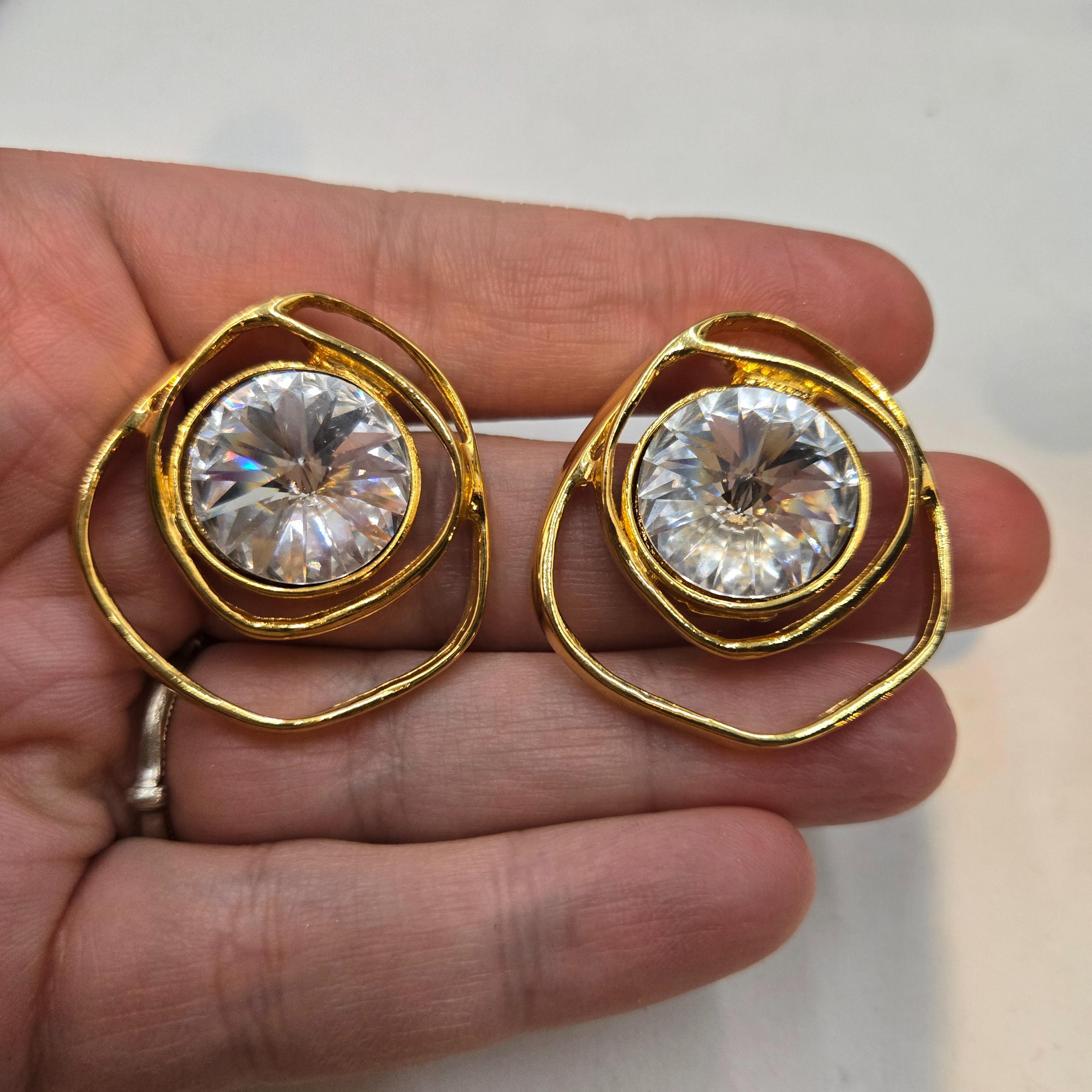 Vintage NORMA JEAN Modernist Rose Rivoli Rhinestone Headlight Earrrings ...
