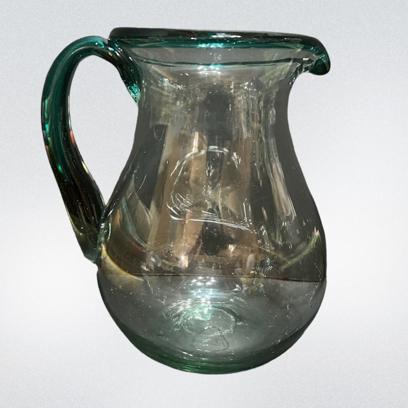 Handblown Aqua Pitcher Mexico ~9” x 7” x 6”