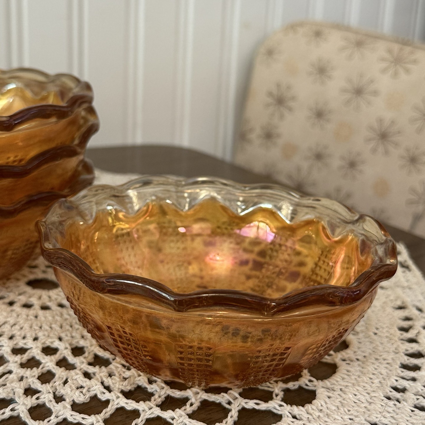 Vintage Marigold Peach Carnival Glass Scalloped Berry Bowls Set Of Four