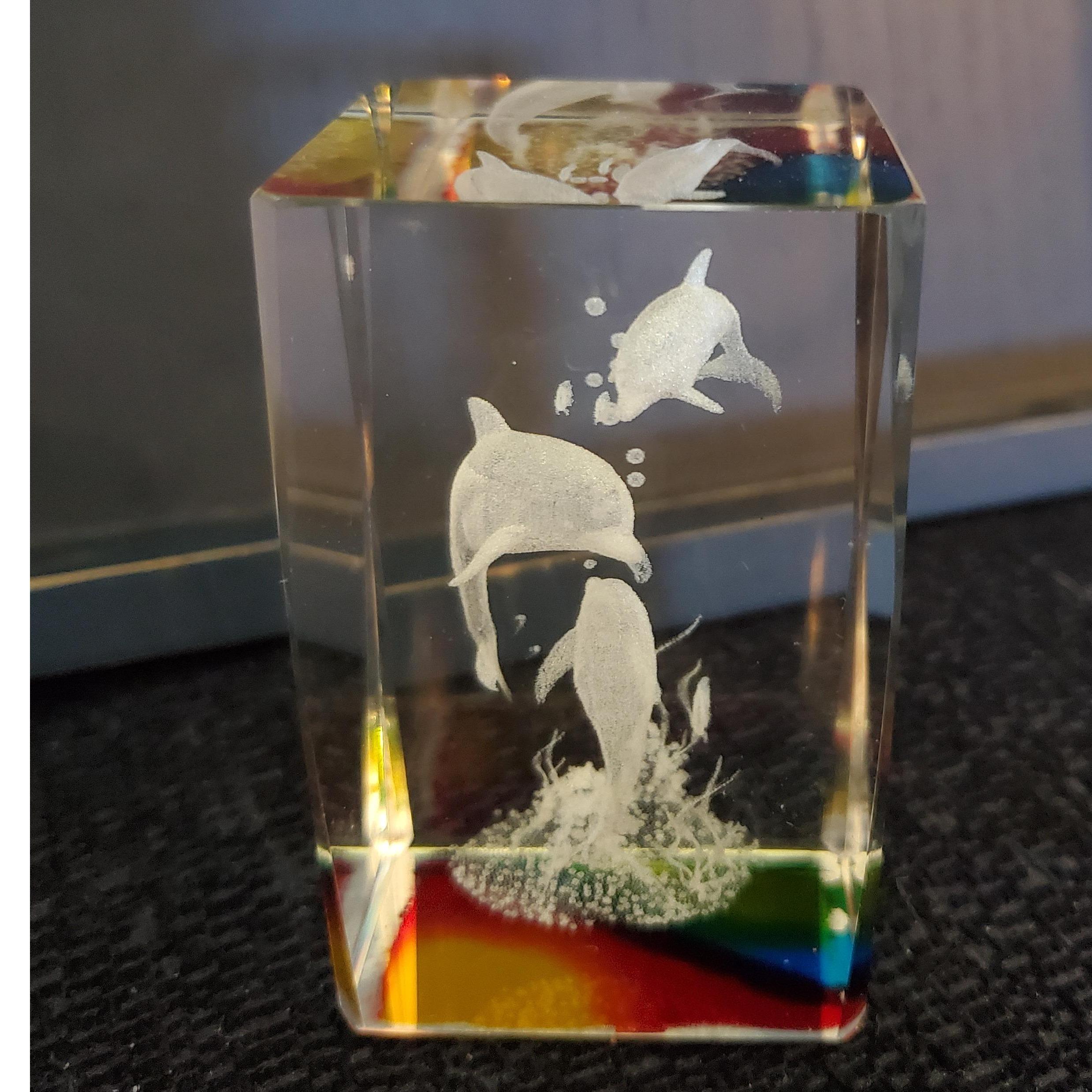Crystal Cube 3 D Laser Etched Dolphin Paper Weight