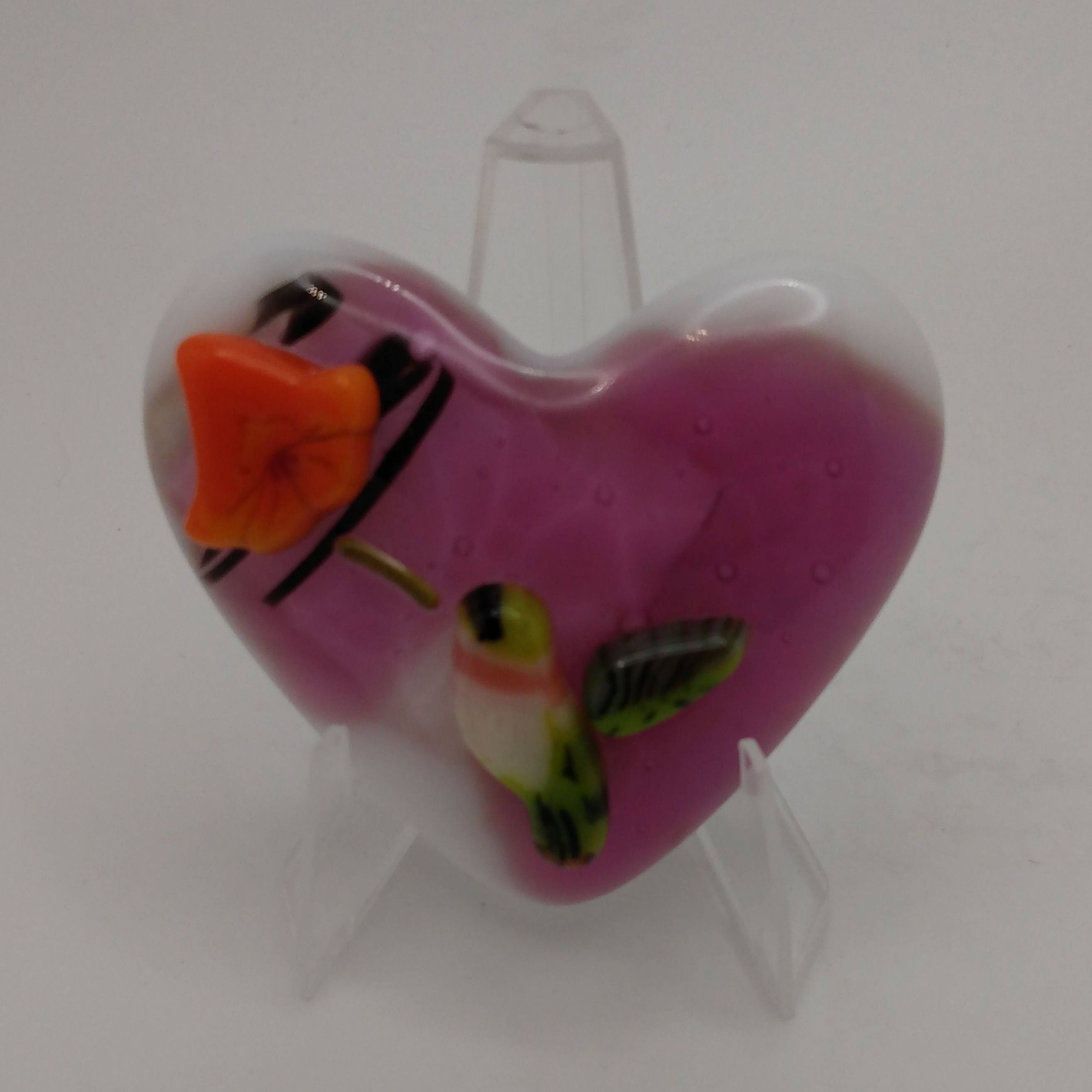 Fused Glass Heart with 3D Hummingbird 1 3/4" Handcrafted Studio Art