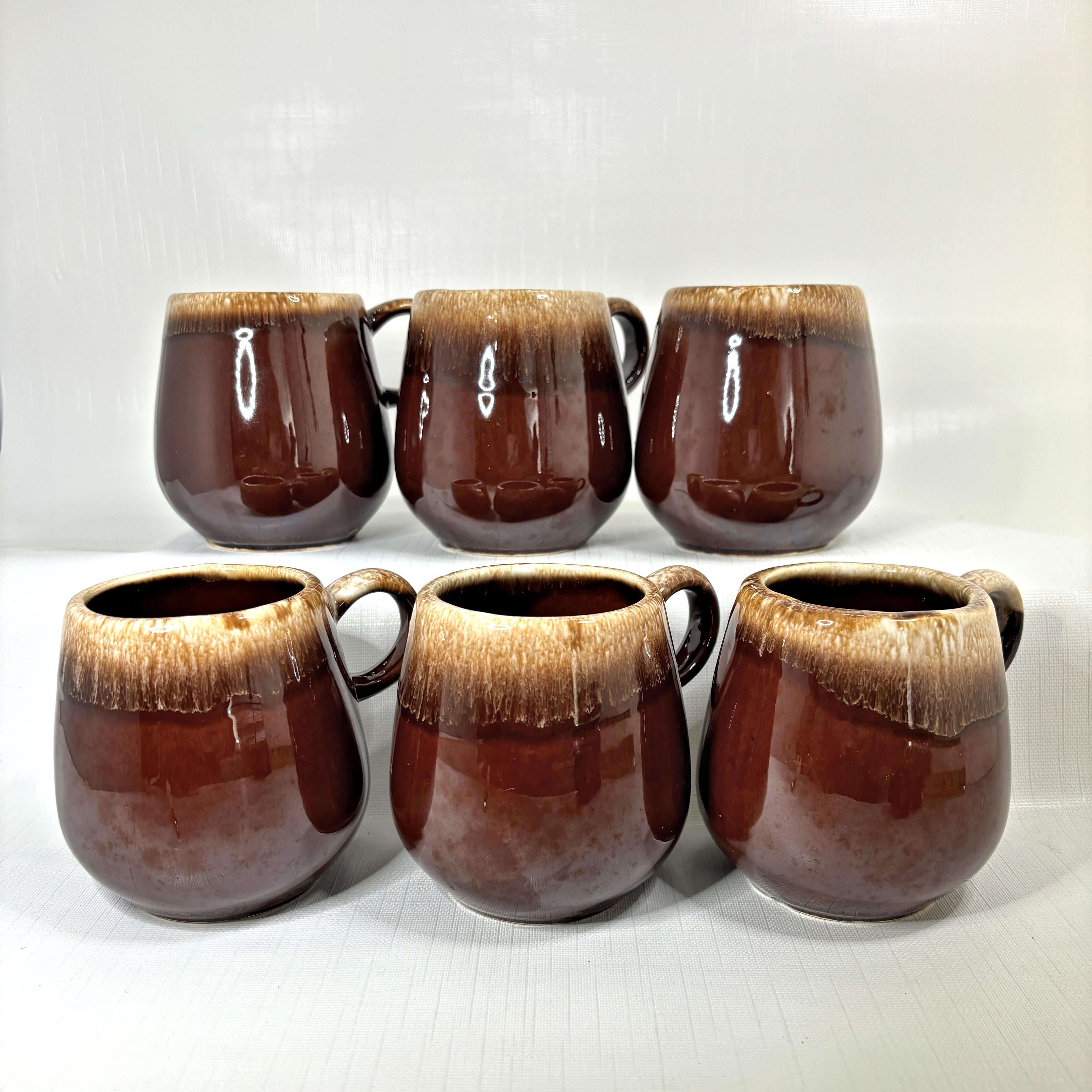 McCoy Drip Glaze Coffee Mugs 7025 Brown Set 6 Made USA Vintage MCM Pottery