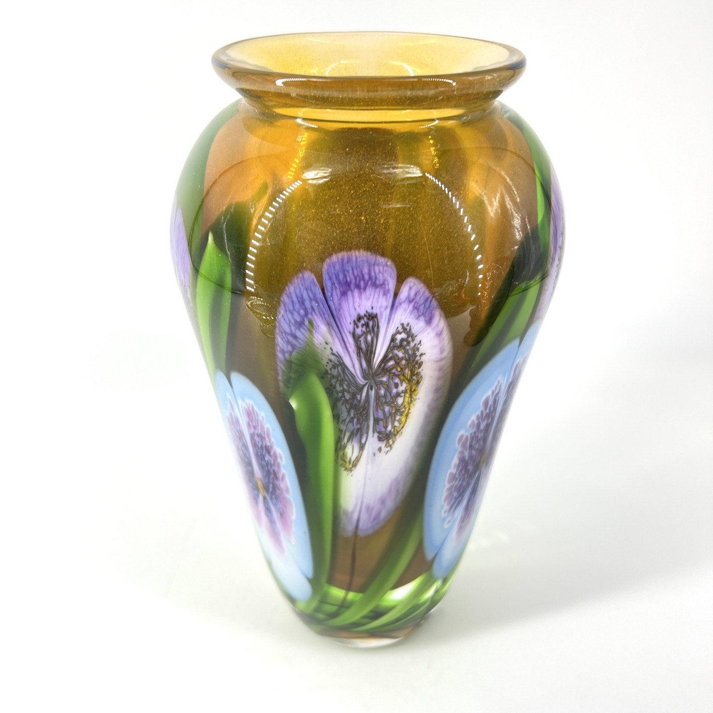 Stuart Abelman Cased Paperweight Glass Purple Flower Vase Signed