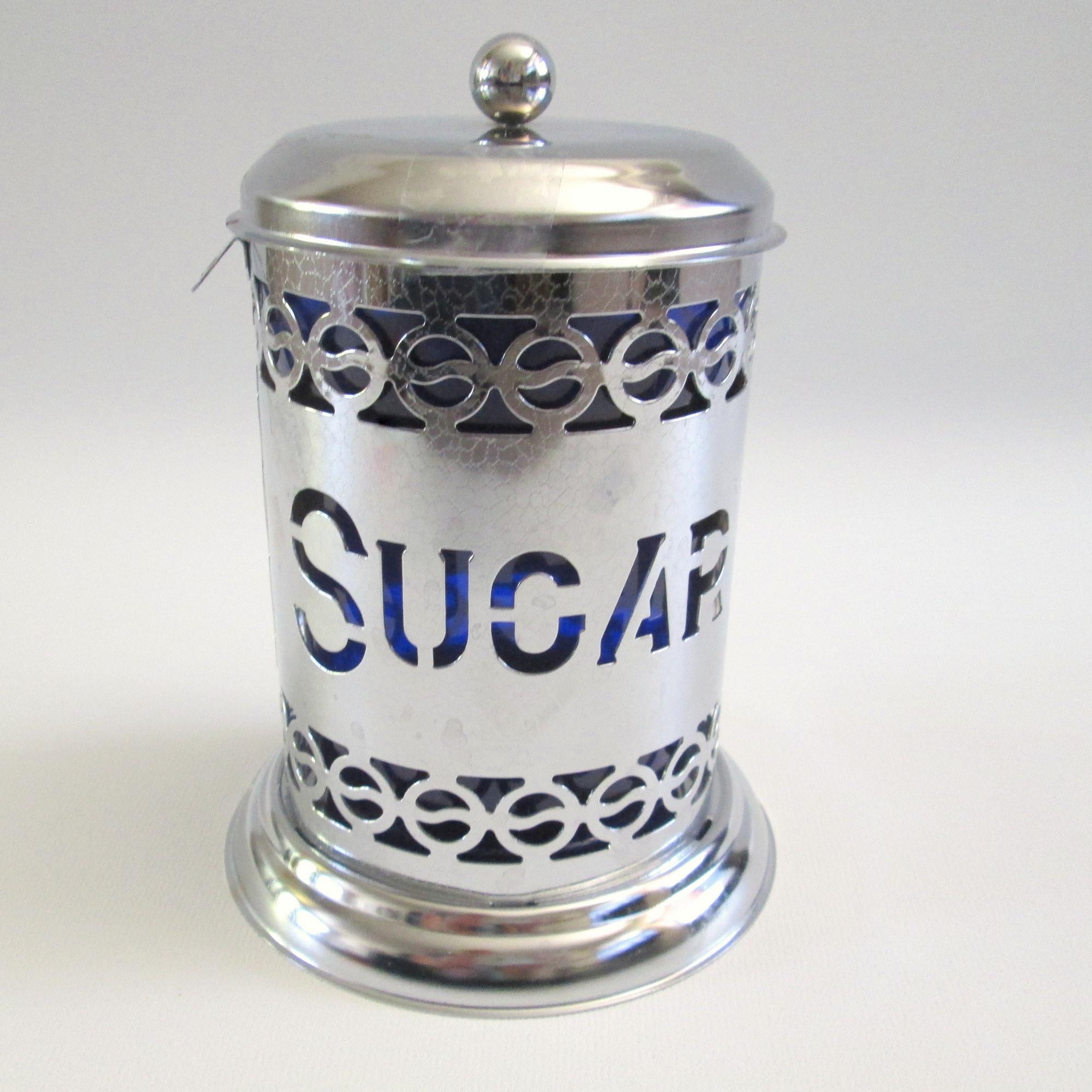 Chrome Sugar Caddy Cobalt Blue Acrylic Liner With Lid No Spoon