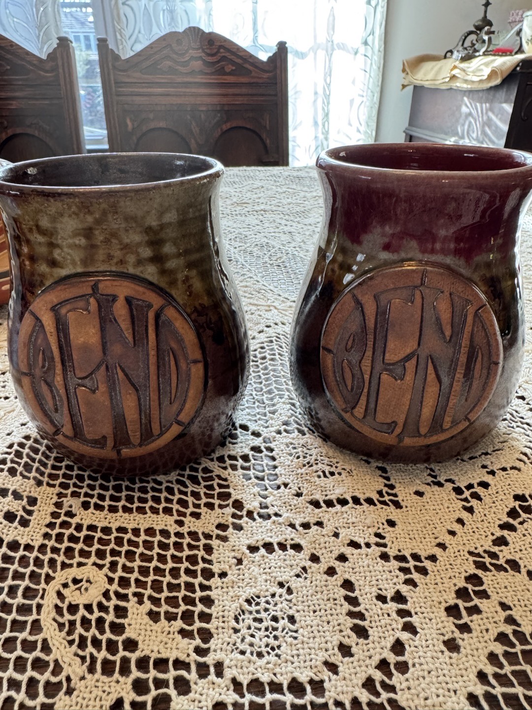 Pair Of Bender Paint Drip Pottery Mugs Signed