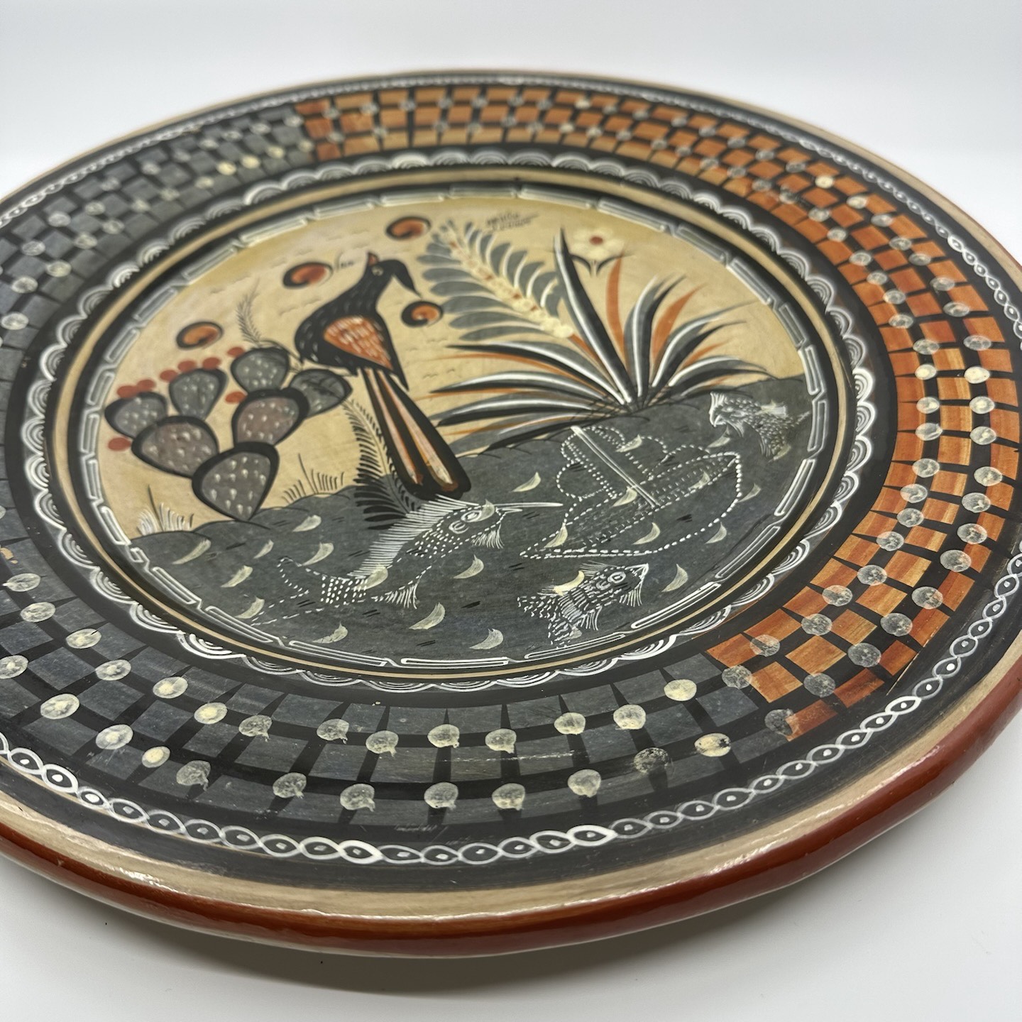 Large Tonala Pottery Plate Wall Art Hanging Bird And Foliage Folk Art