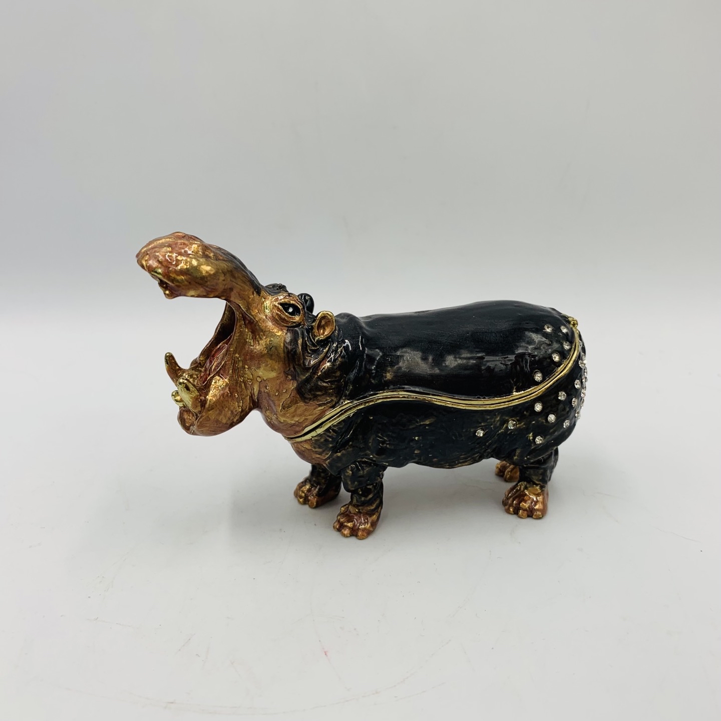 Heavy Bejeweled Rhinestone Hippopotamus Enamel Trinket Box Magnetic House Hippo