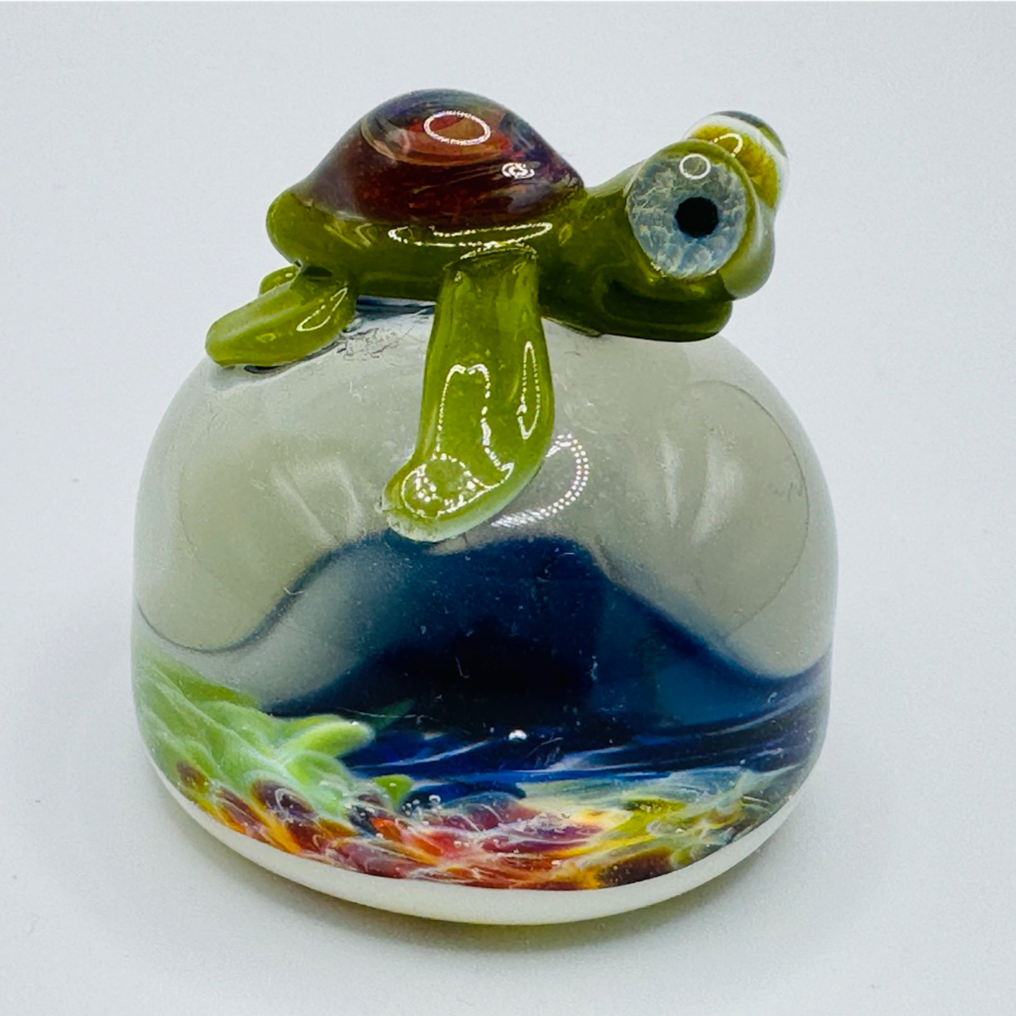 006 Mini Paperweight Studio Art Glass Sea Turtle On Multicolor Orb 1 1/ ...