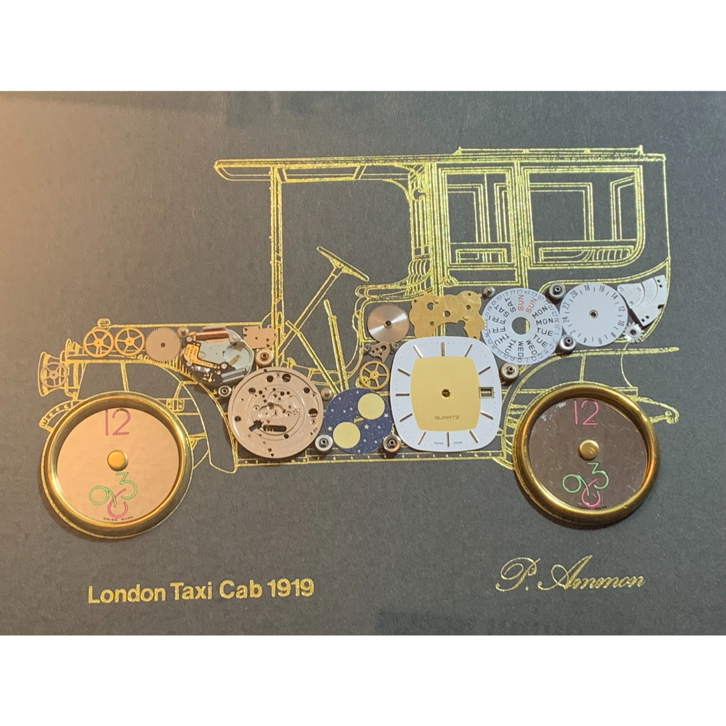P Ammon Wall Art 1919 London Taxi Cab Watch Parts Collage 11x15” Frame