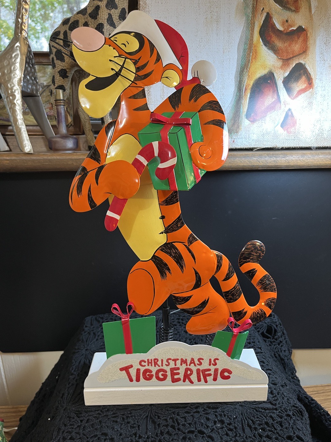 "Christmas is Tiggerific" Metal Tigger carrying a candy cane & present