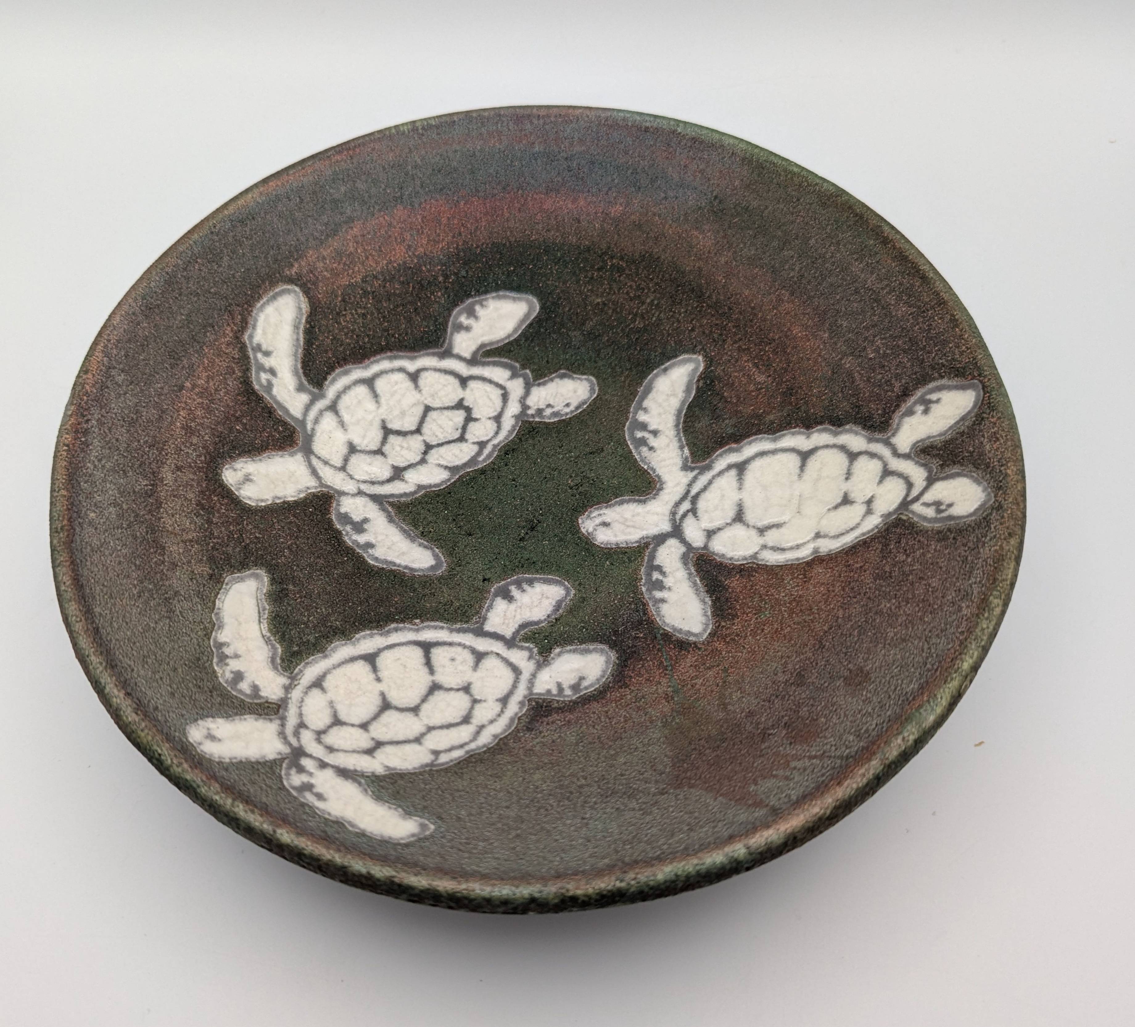 Raku Pottery Dish Sea Turtles Signed Ben Diller Art Hawaii