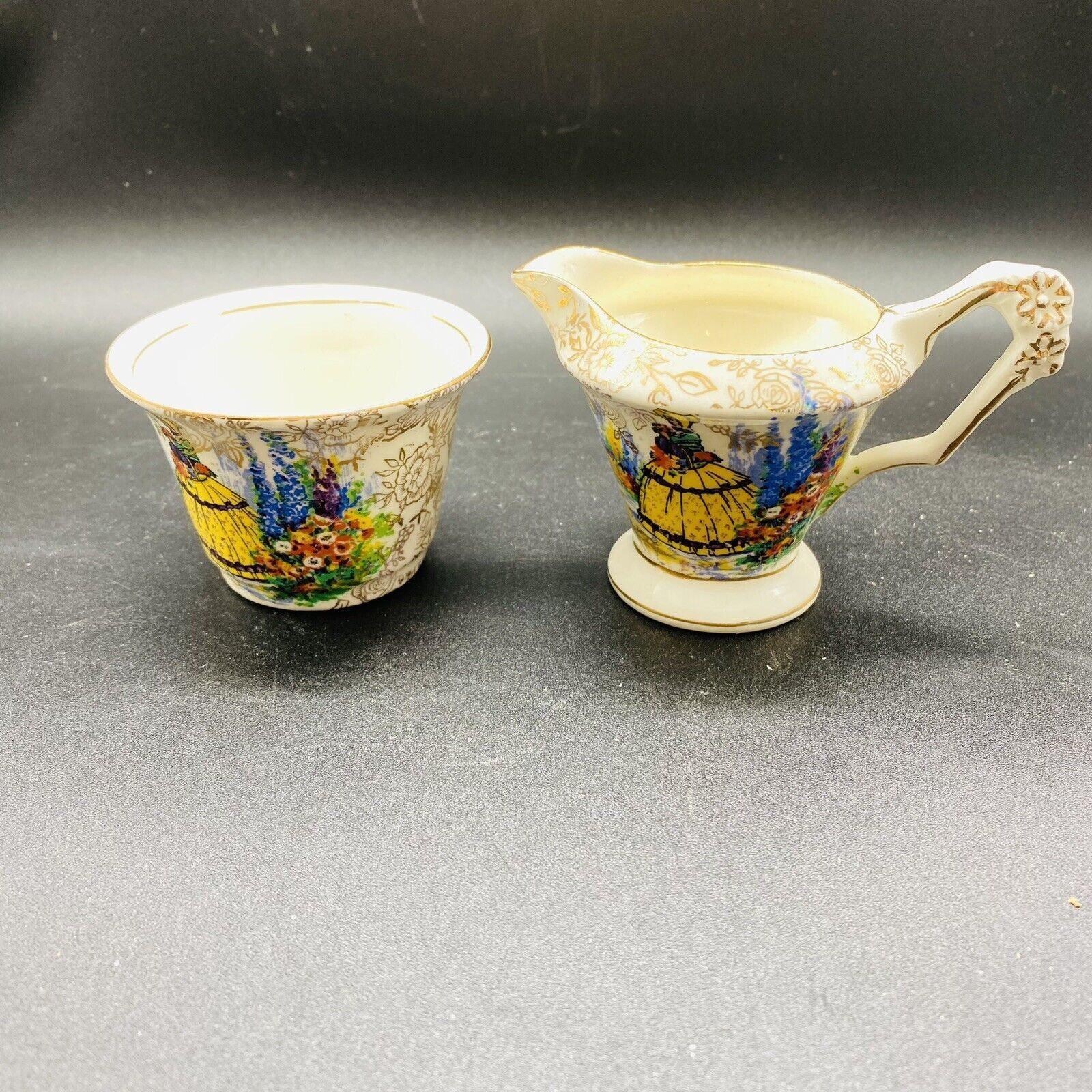 Vintage 1950s Crinoline Lady Bone China Creamer Sugar James Kent England