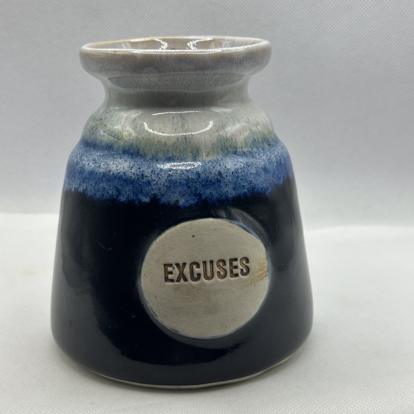 091 Flat Earth Pottery, Handmade “Excuses” Jar, Blue Glaze, Cork ...