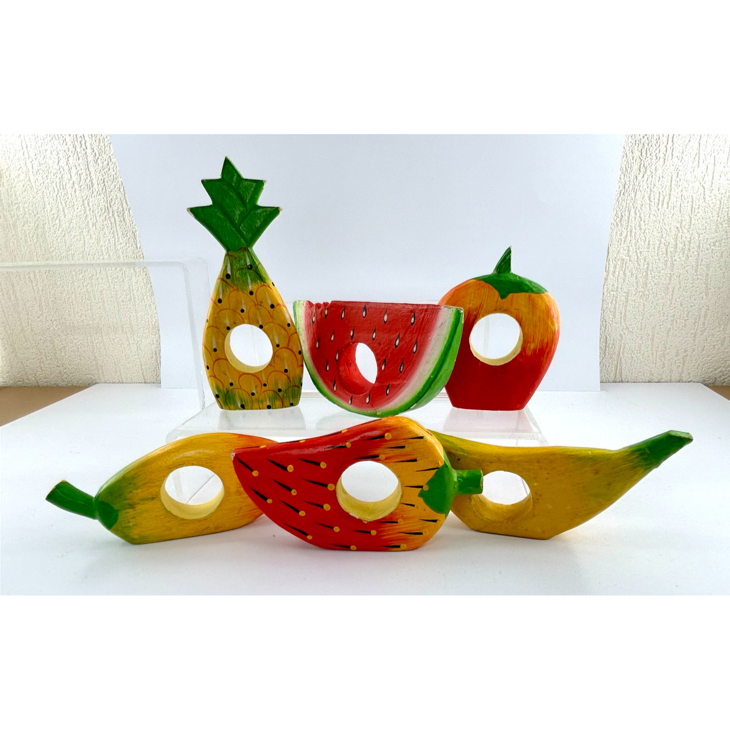 Vintage Wooden Fruit Napkin Rings, Set Of 6