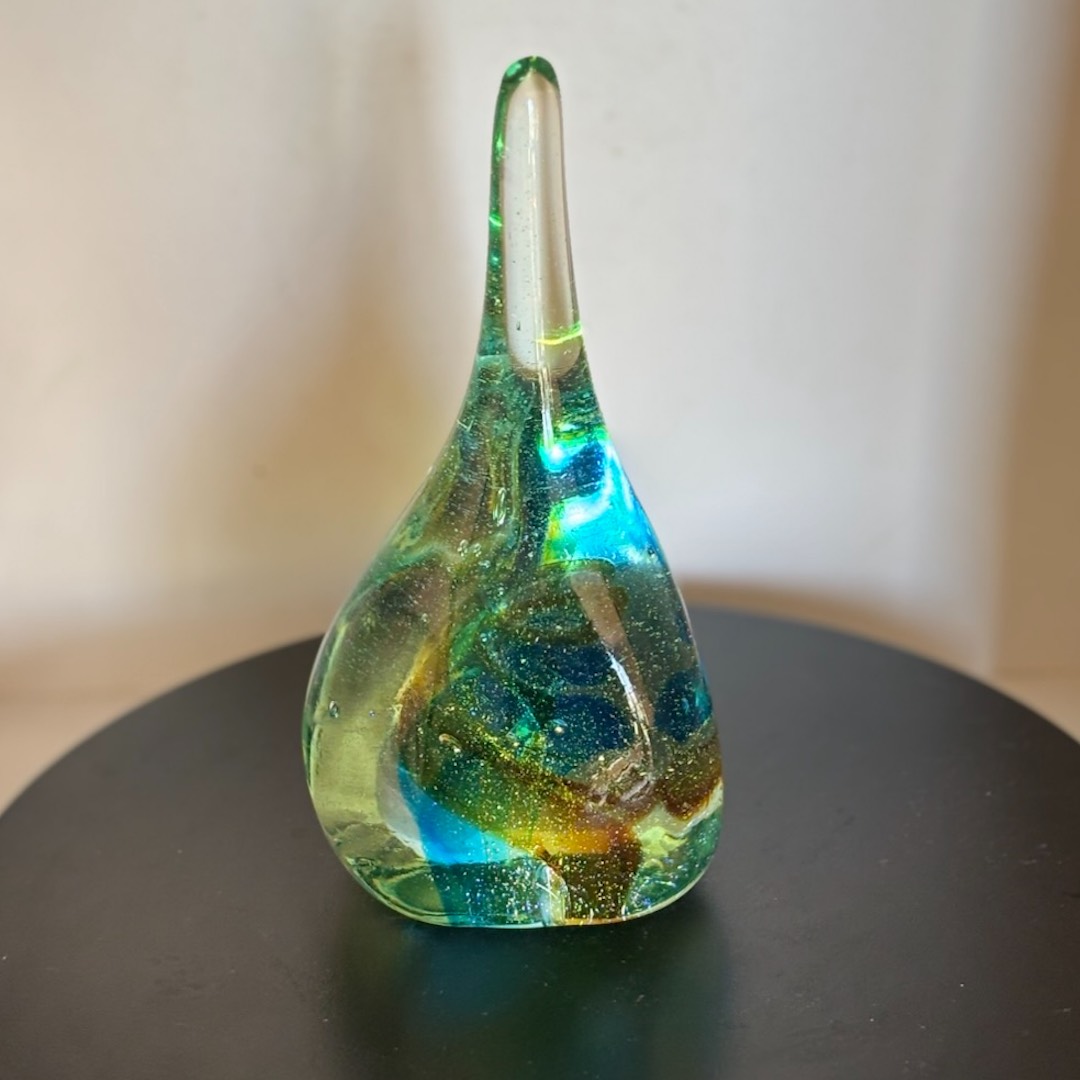 Art Glass Tear Drop Paperweight With Blue, Amber And Green Swirls