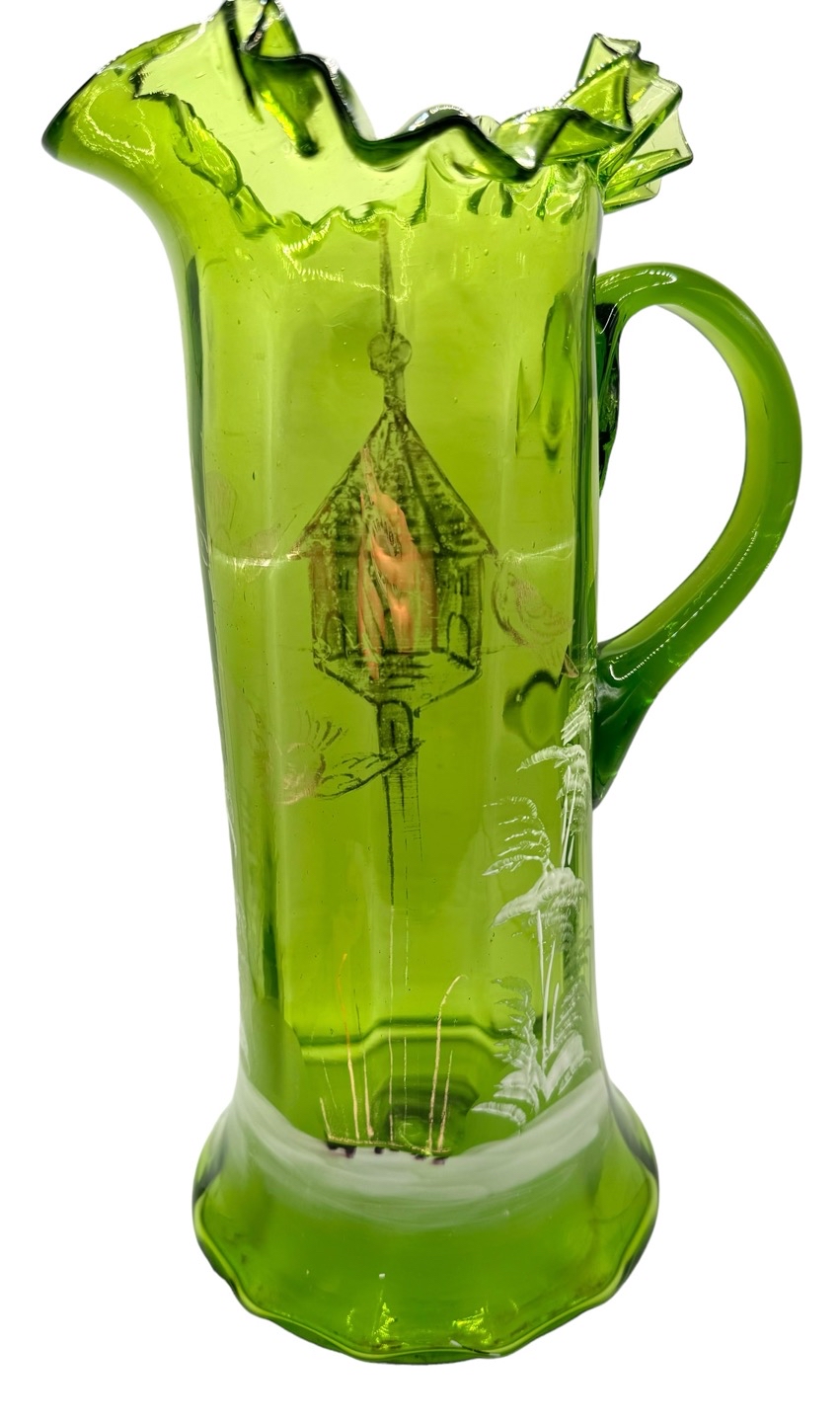 012 Antique Victorian Enameled Glass Pitcher Crimped Ruffled Rim Green ...