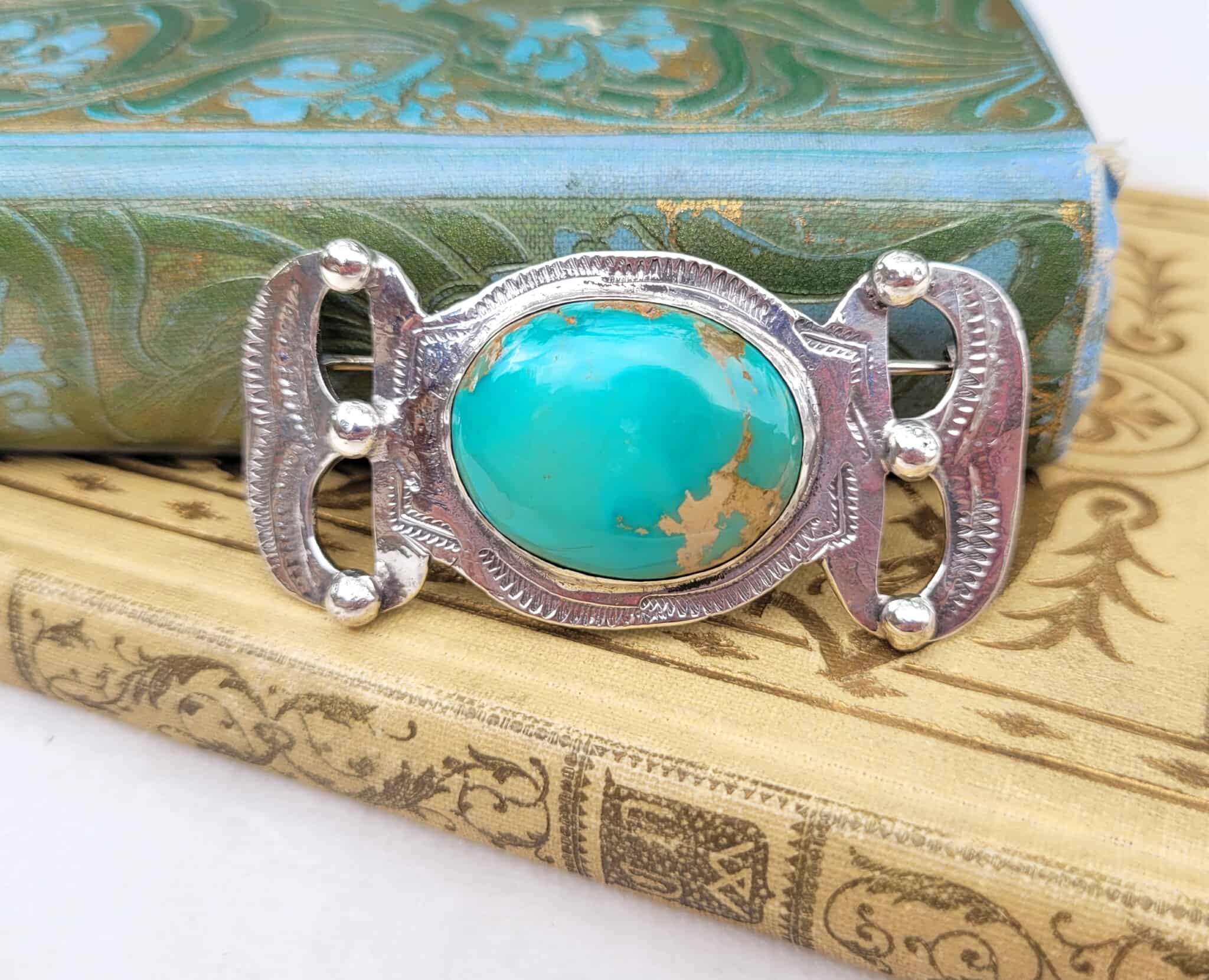 Antique Vtg Native American Turquoise Cabachon Sterling Silver Pin Brooch